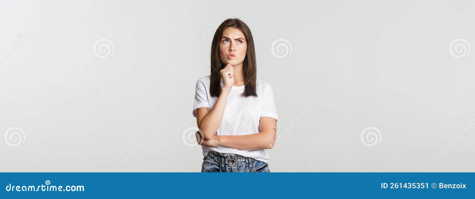 Thoughtful Indecisive Cute Girl Pondering, Looking Upper Left Corner ...