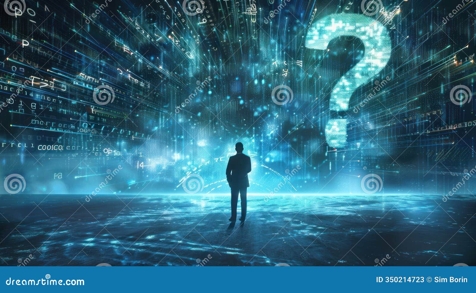 A Thoughtful Individual Looking at a Question Mark on a Digital Screen ...