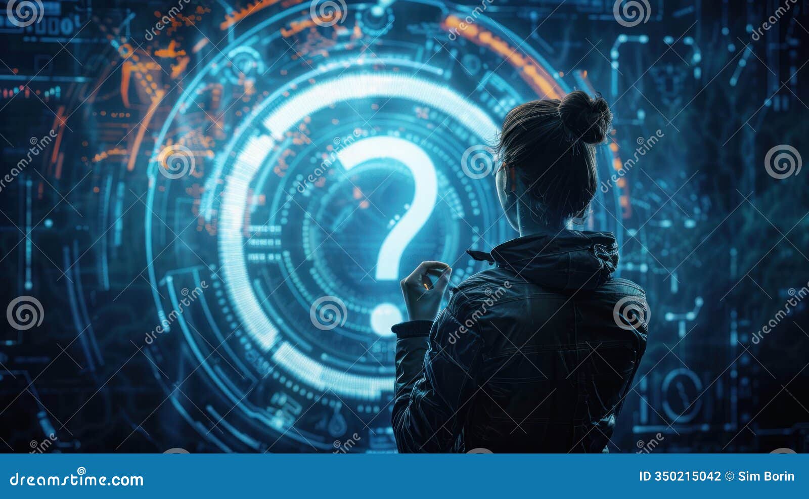 A Thoughtful Individual Looking at a Question Mark on a Digital Screen ...