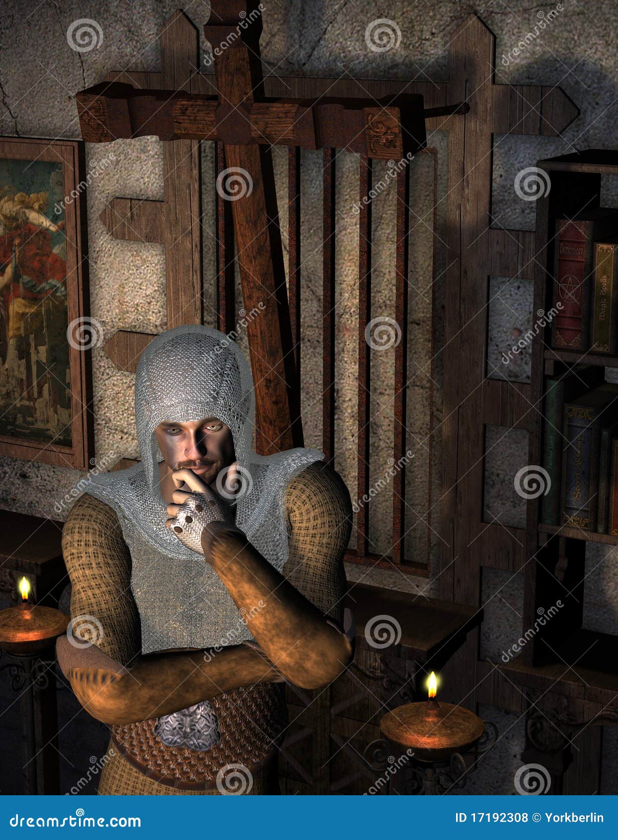 Thoughtful Knights in the Prayer Room Stock Illustration - Illustration ...