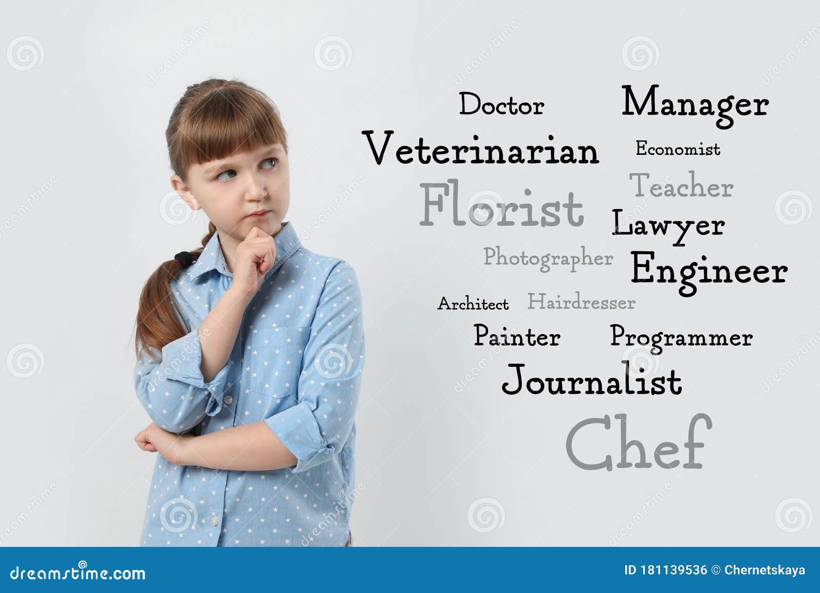 Thoughtful Little Girl Choosing Profession on Background Stock Photo ...