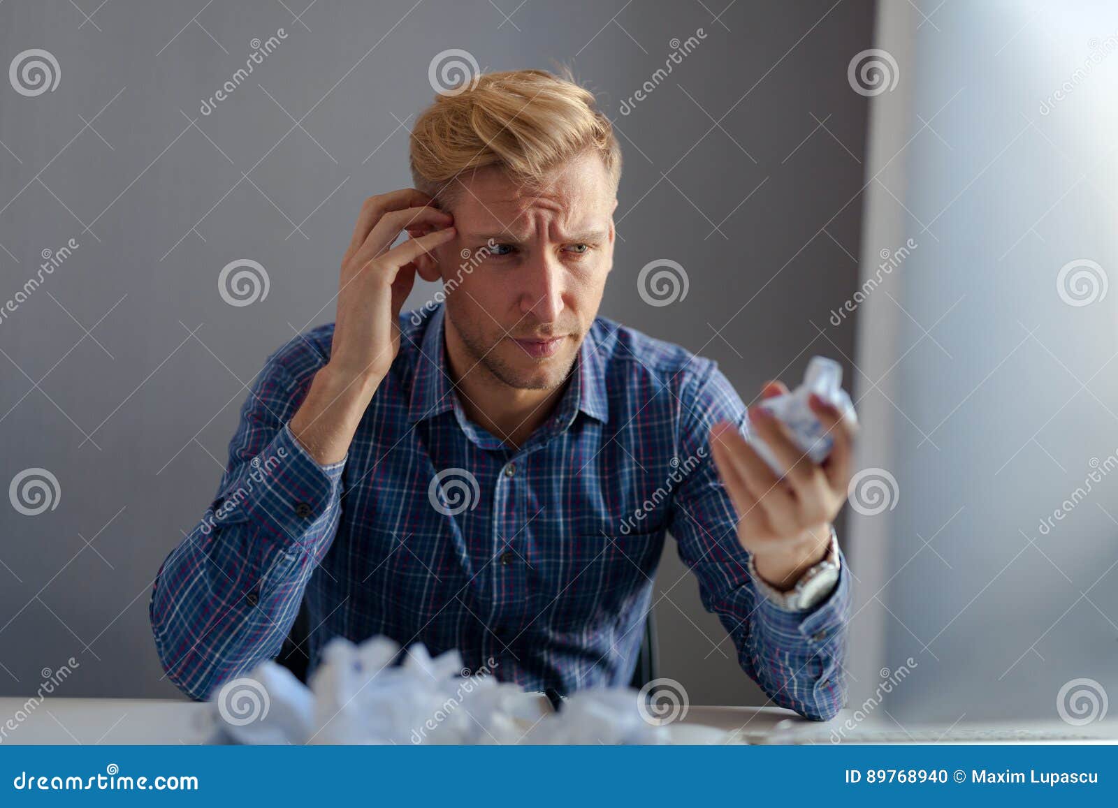 Thoughtful Man Crumpling Paper Stock Photo - Image of pensive, document ...