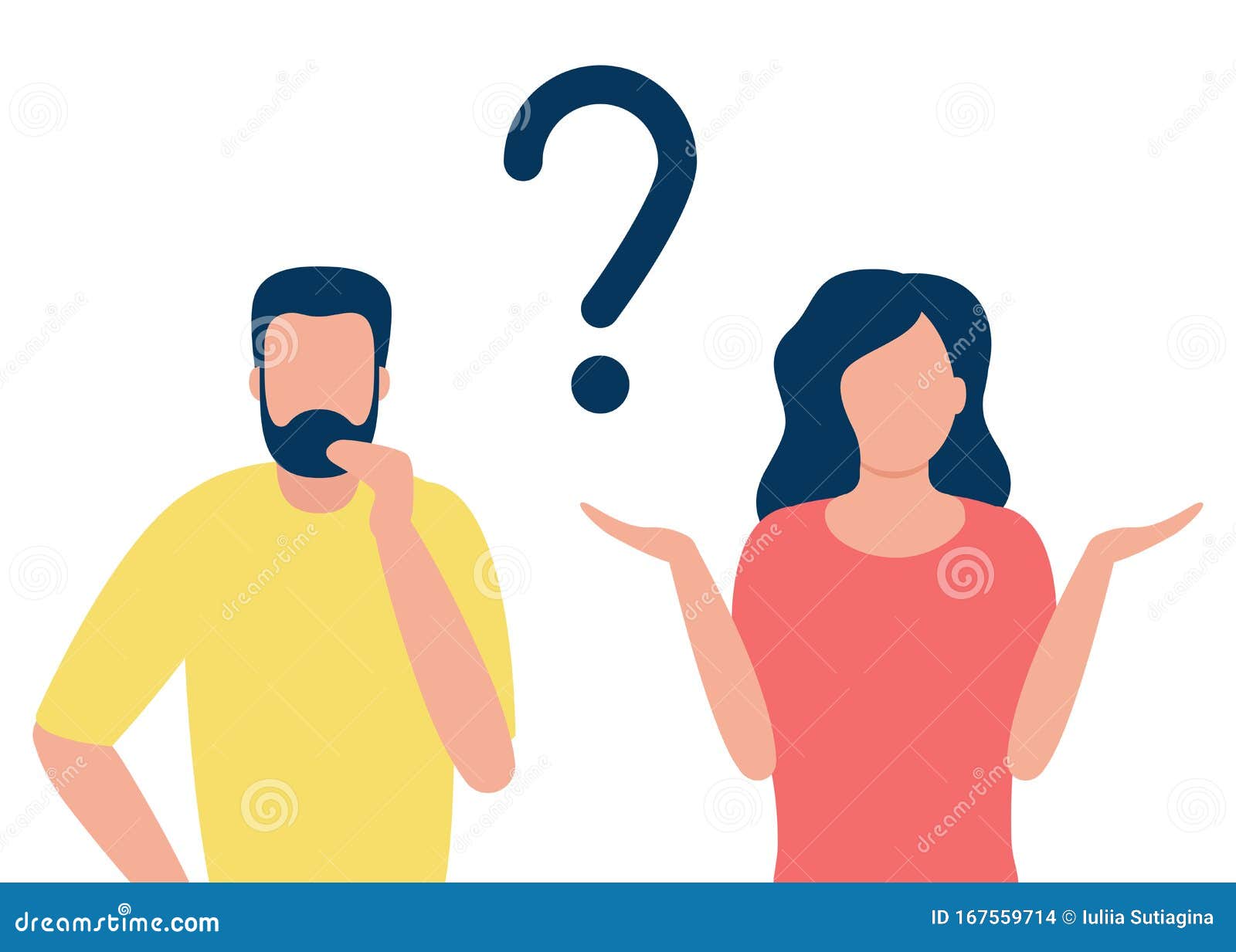 Thoughtful Man and Doubting Woman with Question Mark. People Solve ... Thoughtful Man and Doubting Woman with Question Mark. People Solve ...