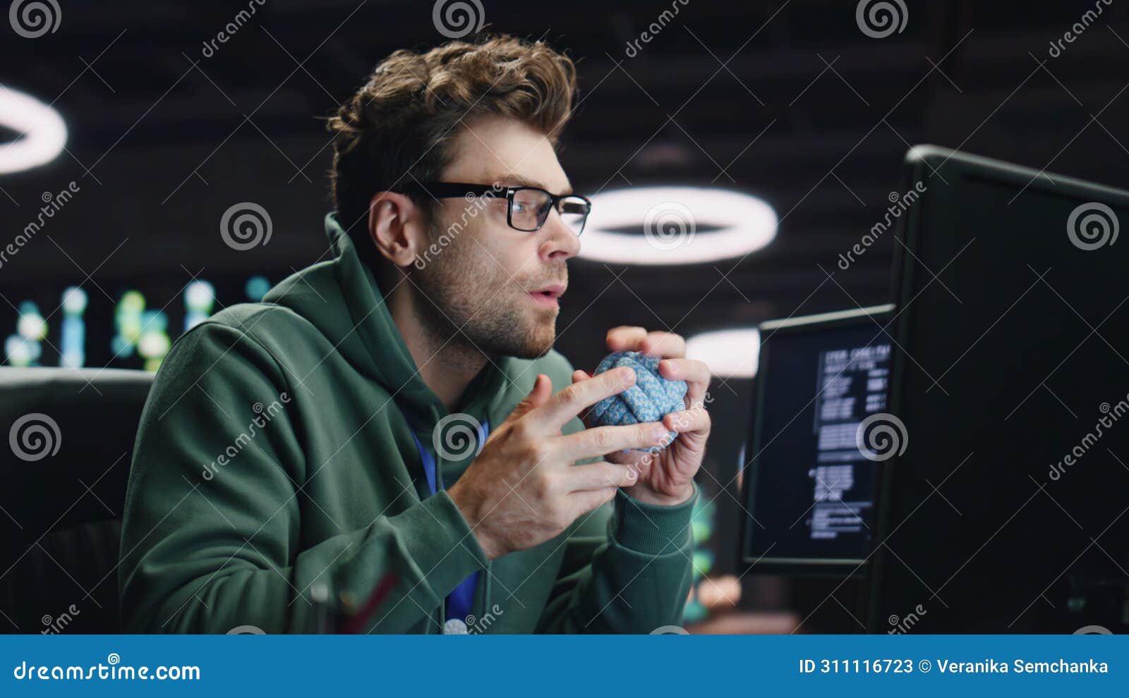 Thoughtful Man Looking Computer Pondering Project at Dark Datacenter ...