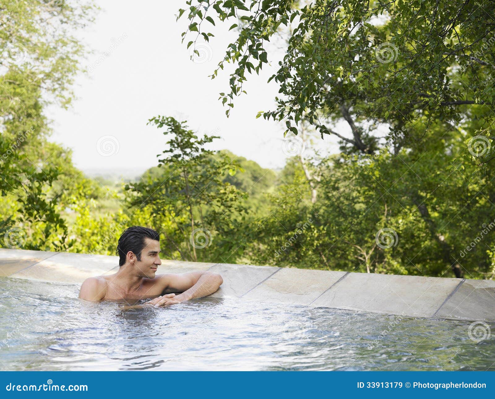 Thoughtful Man Looking at View in Pool Stock Image - Image of pool ...