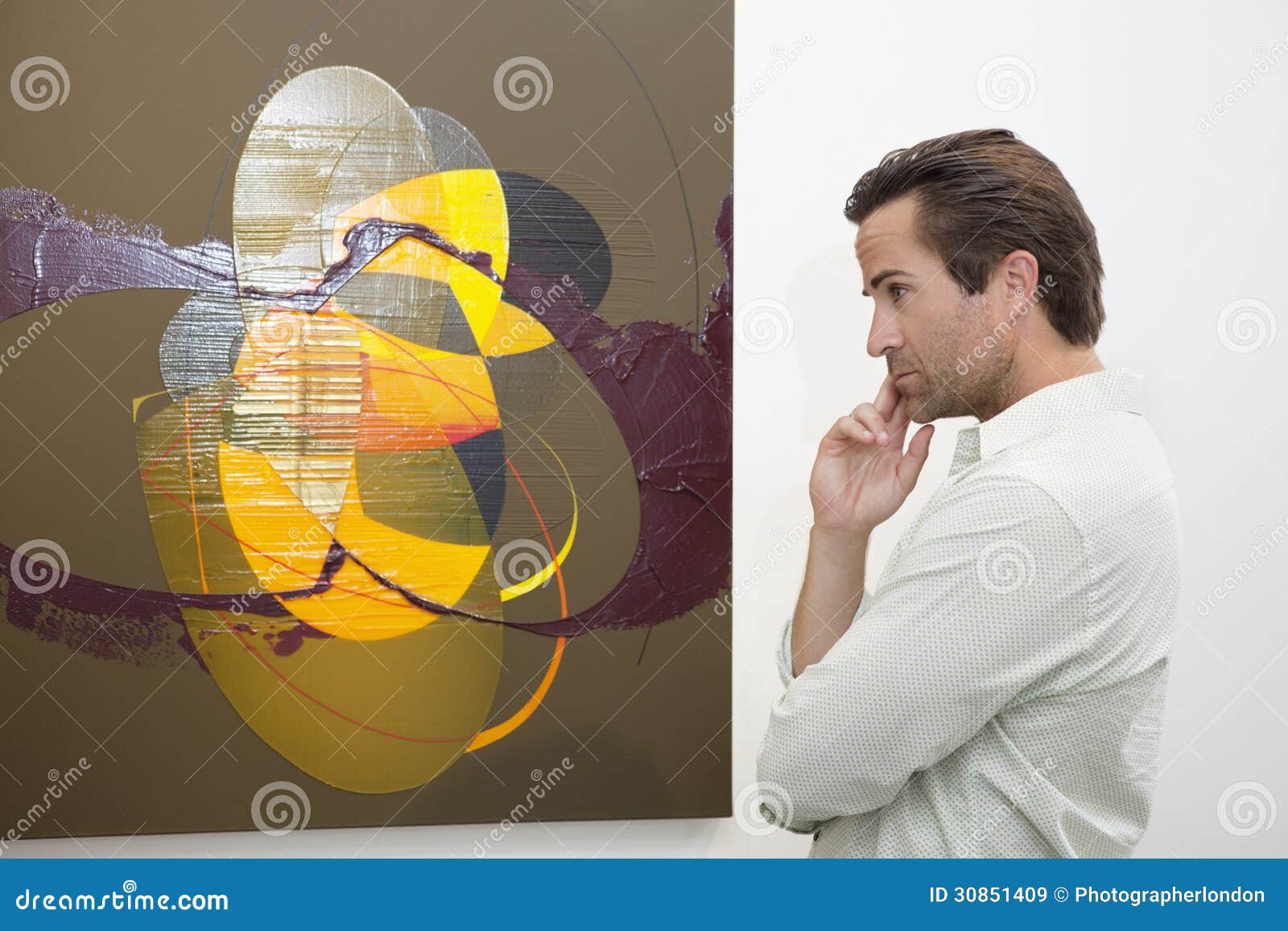 Thoughtful Man Looking at Wall Painting in Art Gallery Stock Image ...