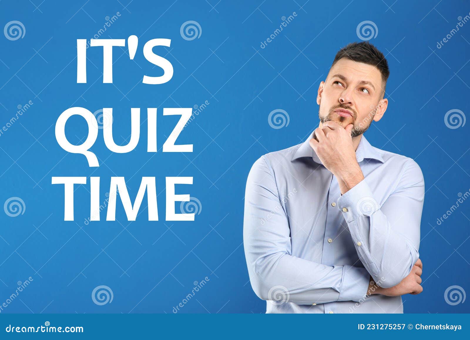Thoughtful Man and Phrase it`S QUIZ TIME on Blue Background Stock Image ...