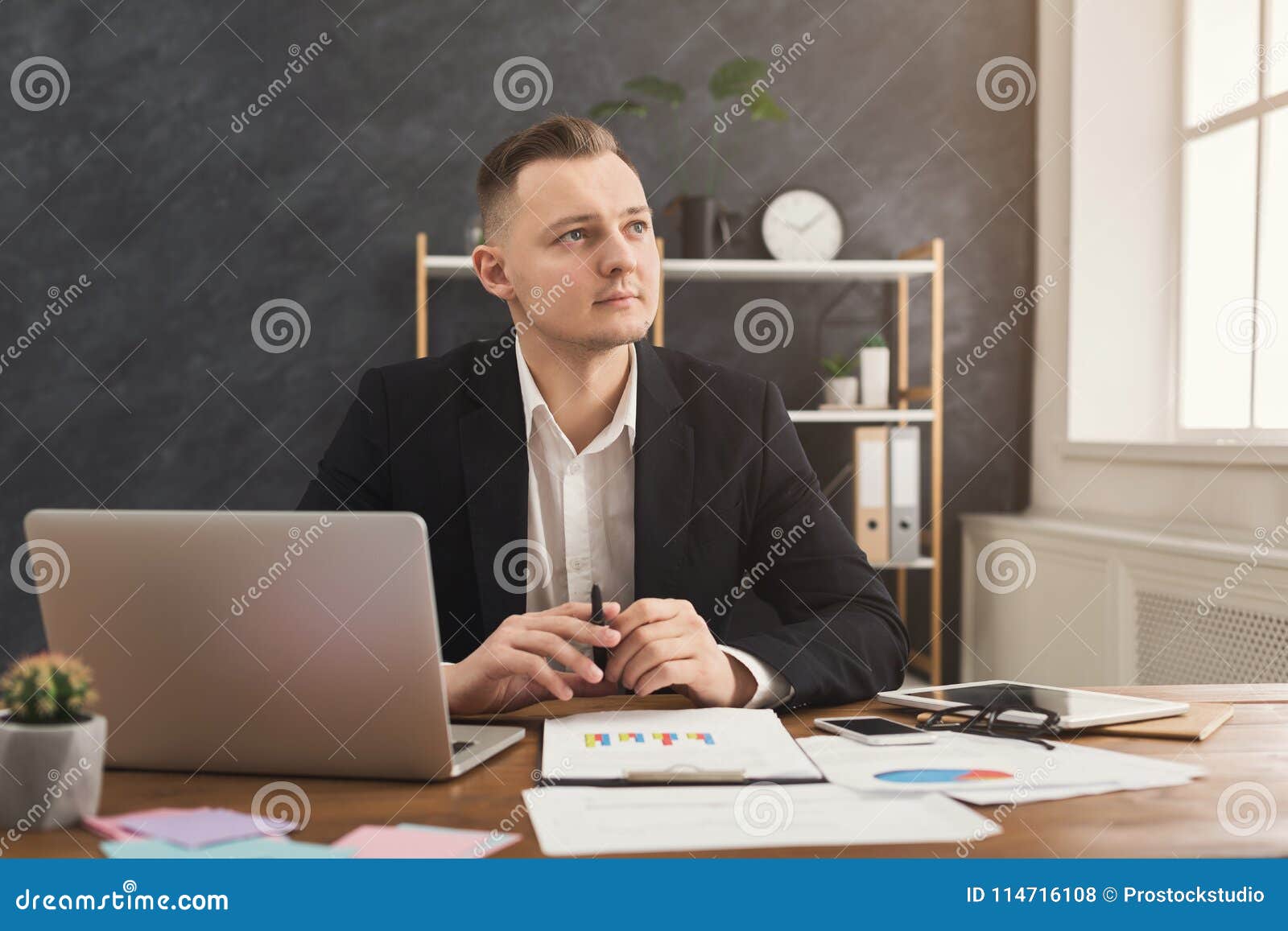 Thoughtful Man is Reading Report in Office Stock Photo - Image of ...