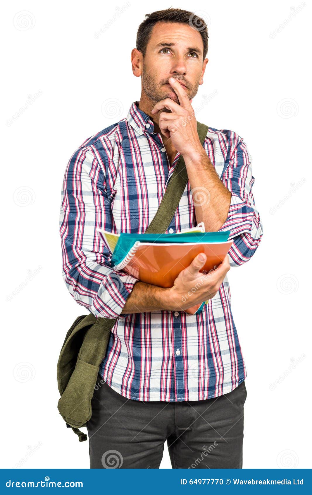 Thoughtful Man Standing and Holding Notepads Stock Photo - Image of ...