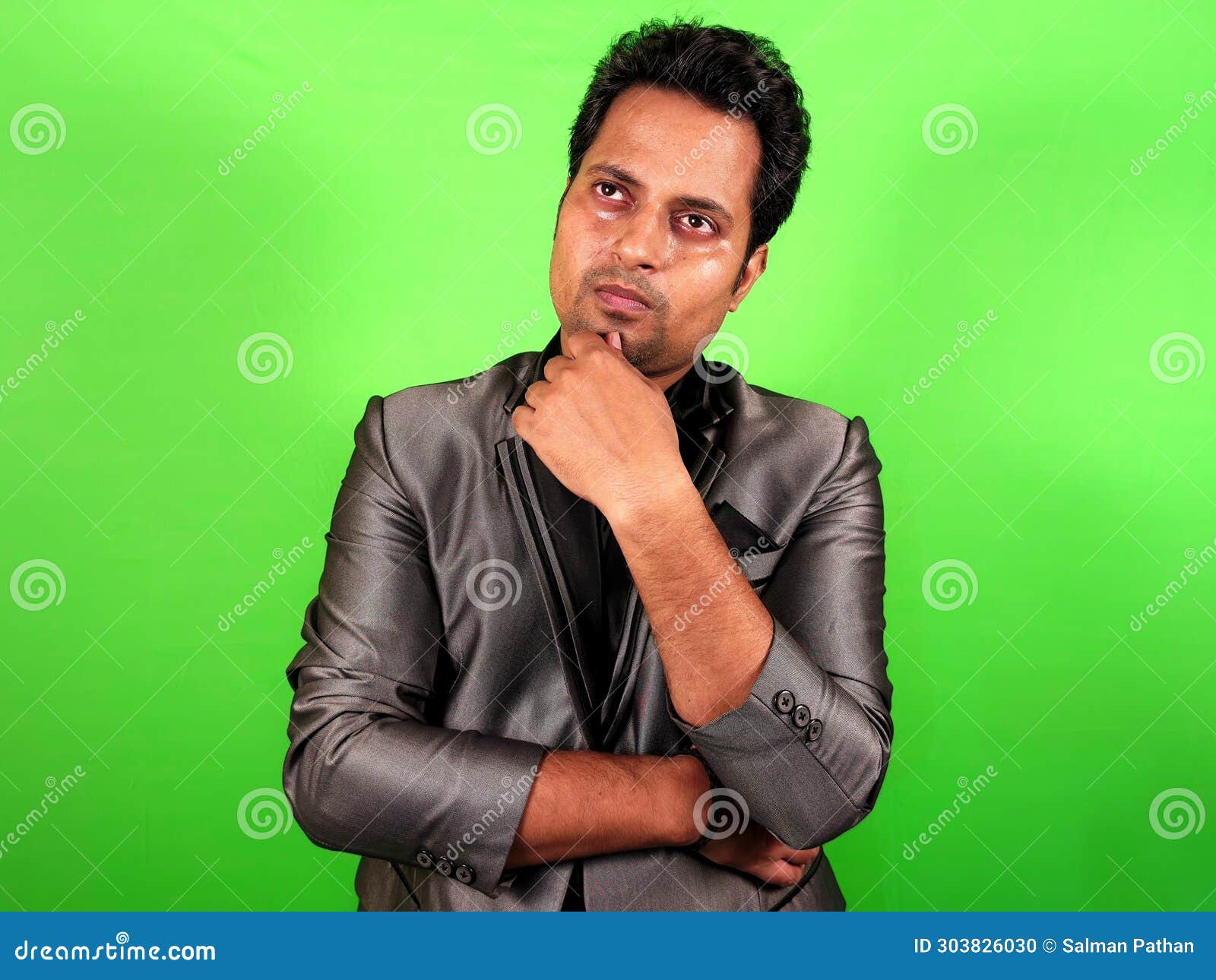Thoughtful Man in a Thinking Posing Against a Green Screen Background ...