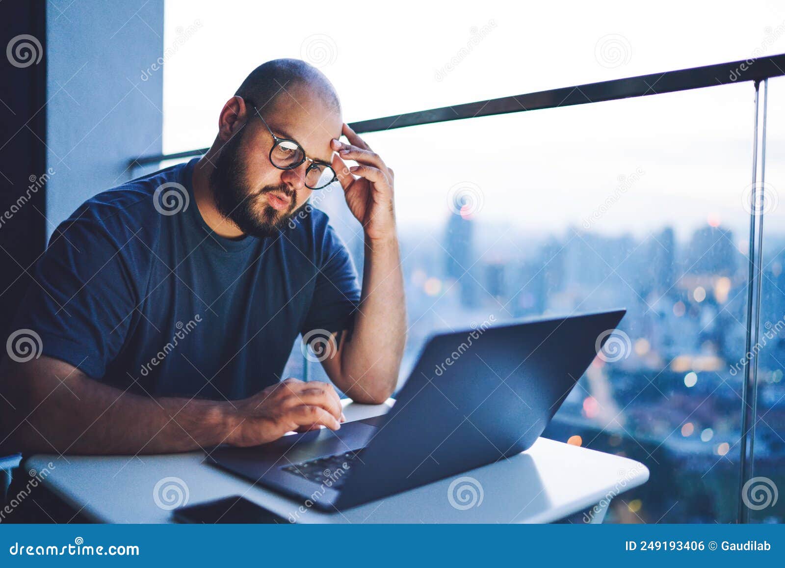 Thoughtful Man Touching Forehead during Work Stock Photo - Image of ...