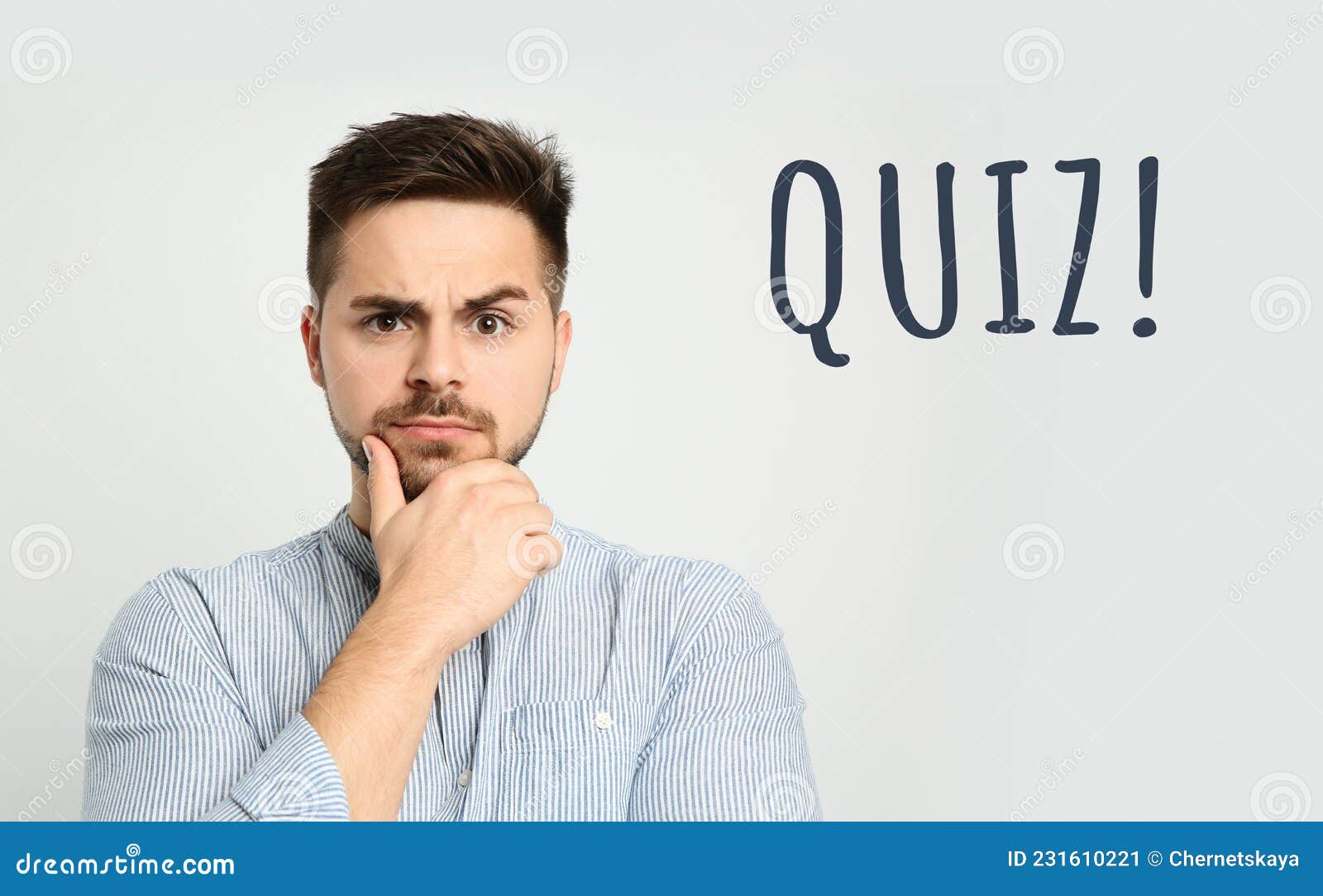 Thoughtful Man and Word QUIZ on White Background Stock Image - Image of ...
