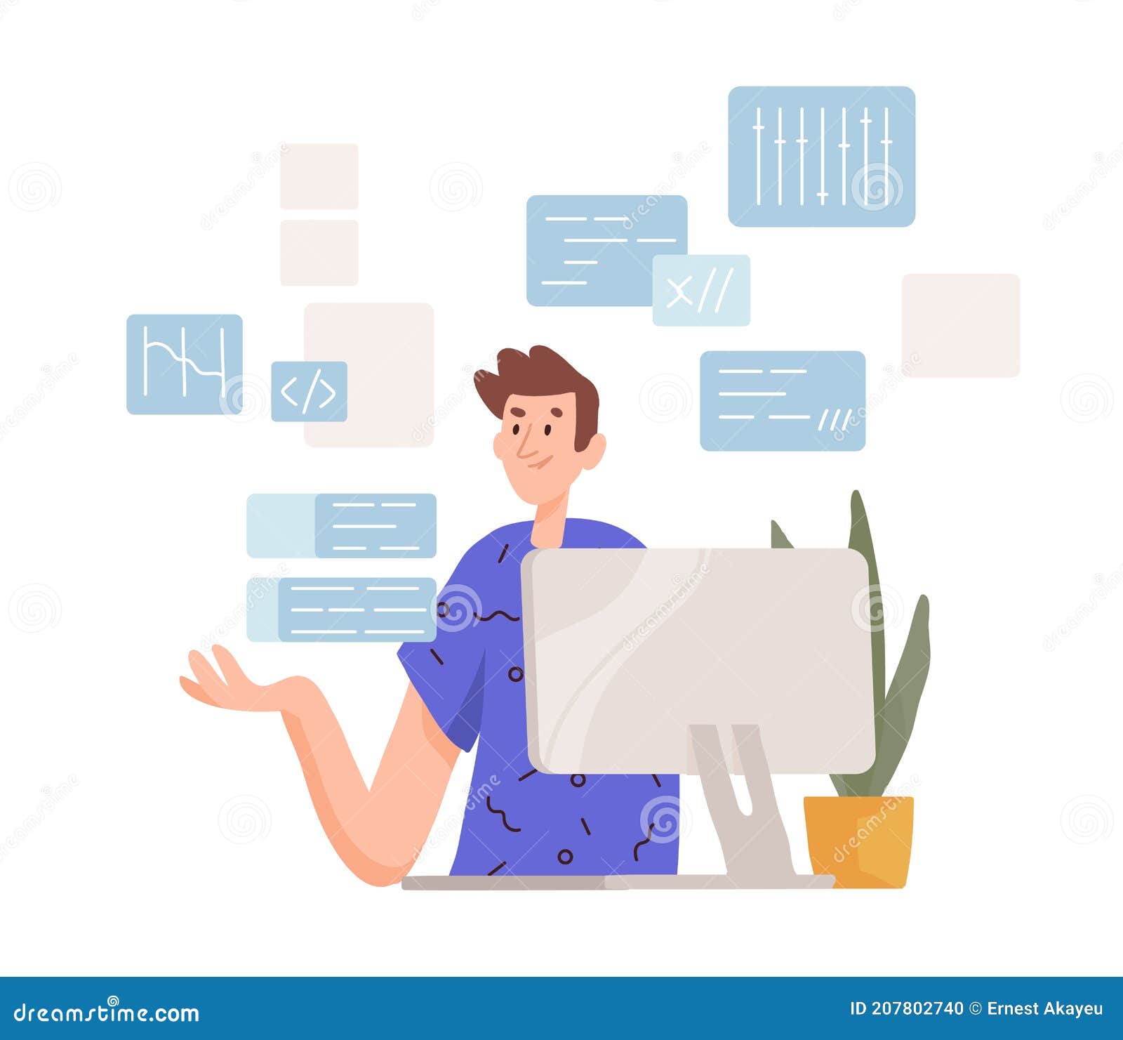 Thoughtful Man Working at Computer. Programmer Coding and Concerning ...