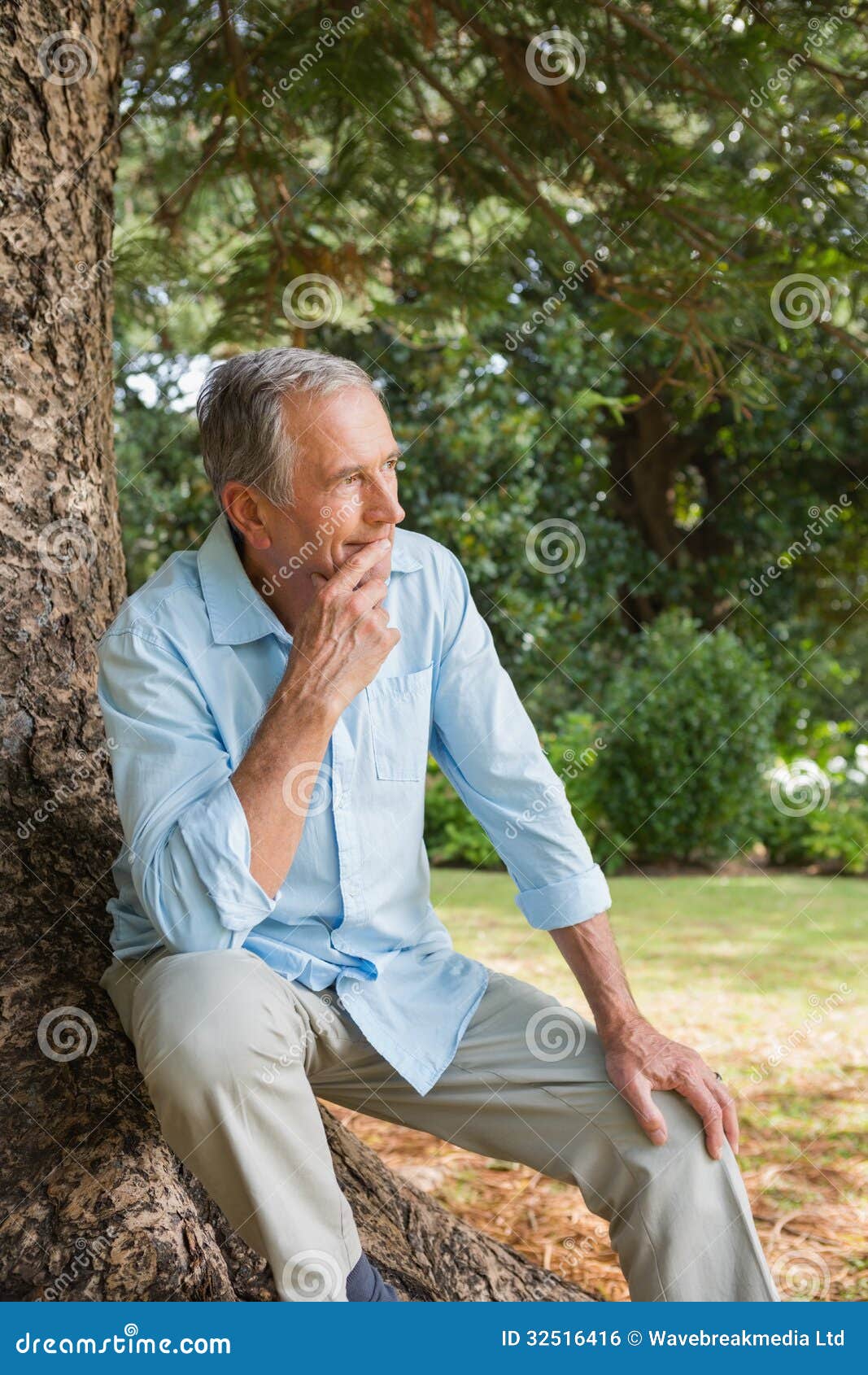 Thoughtful Mature Man Sitting on Tree Trunk Stock Photo - Image of ...