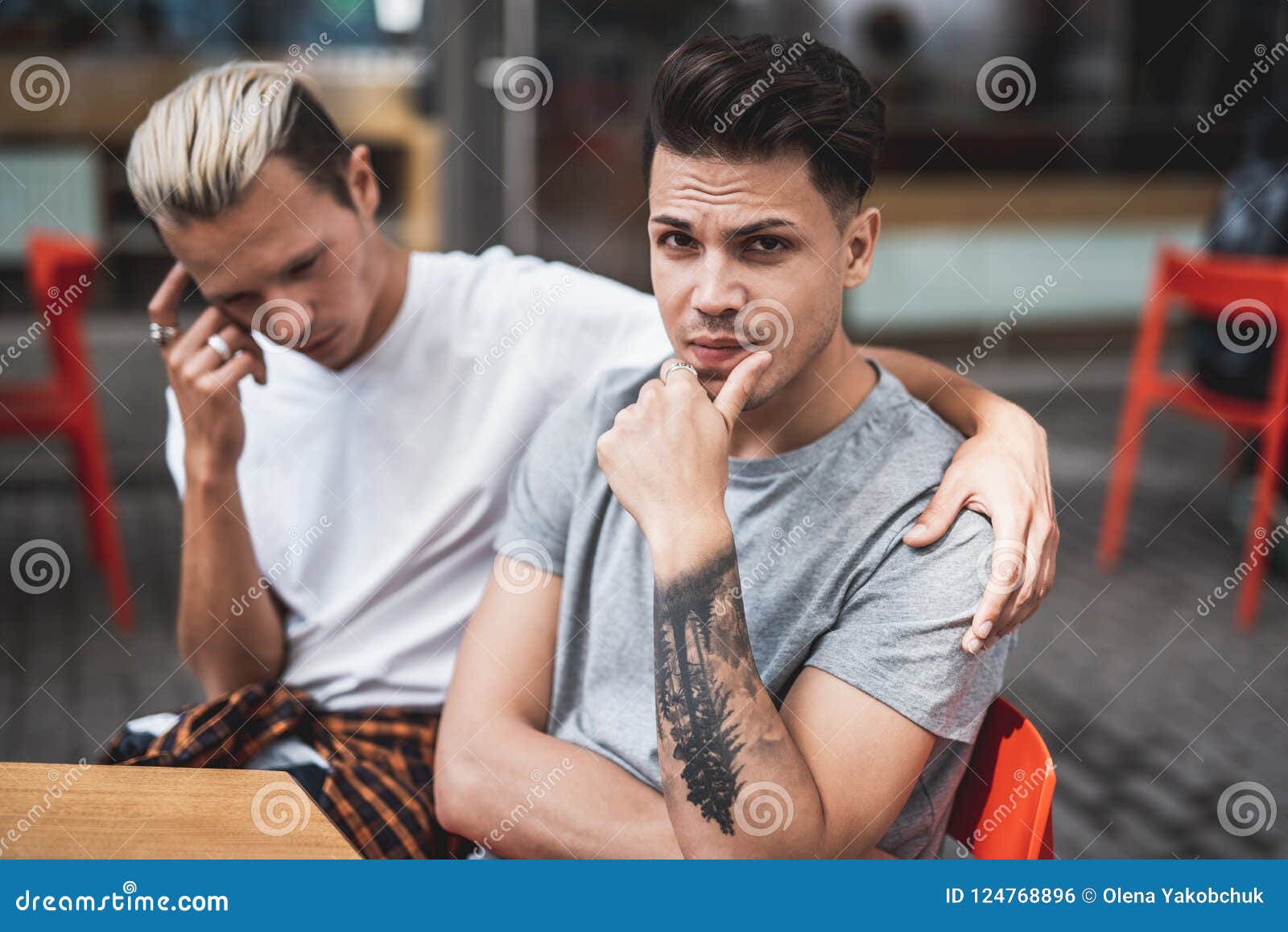 Pensive Males Thinking and Resting Together Outdoor Stock Photo - Image ...
