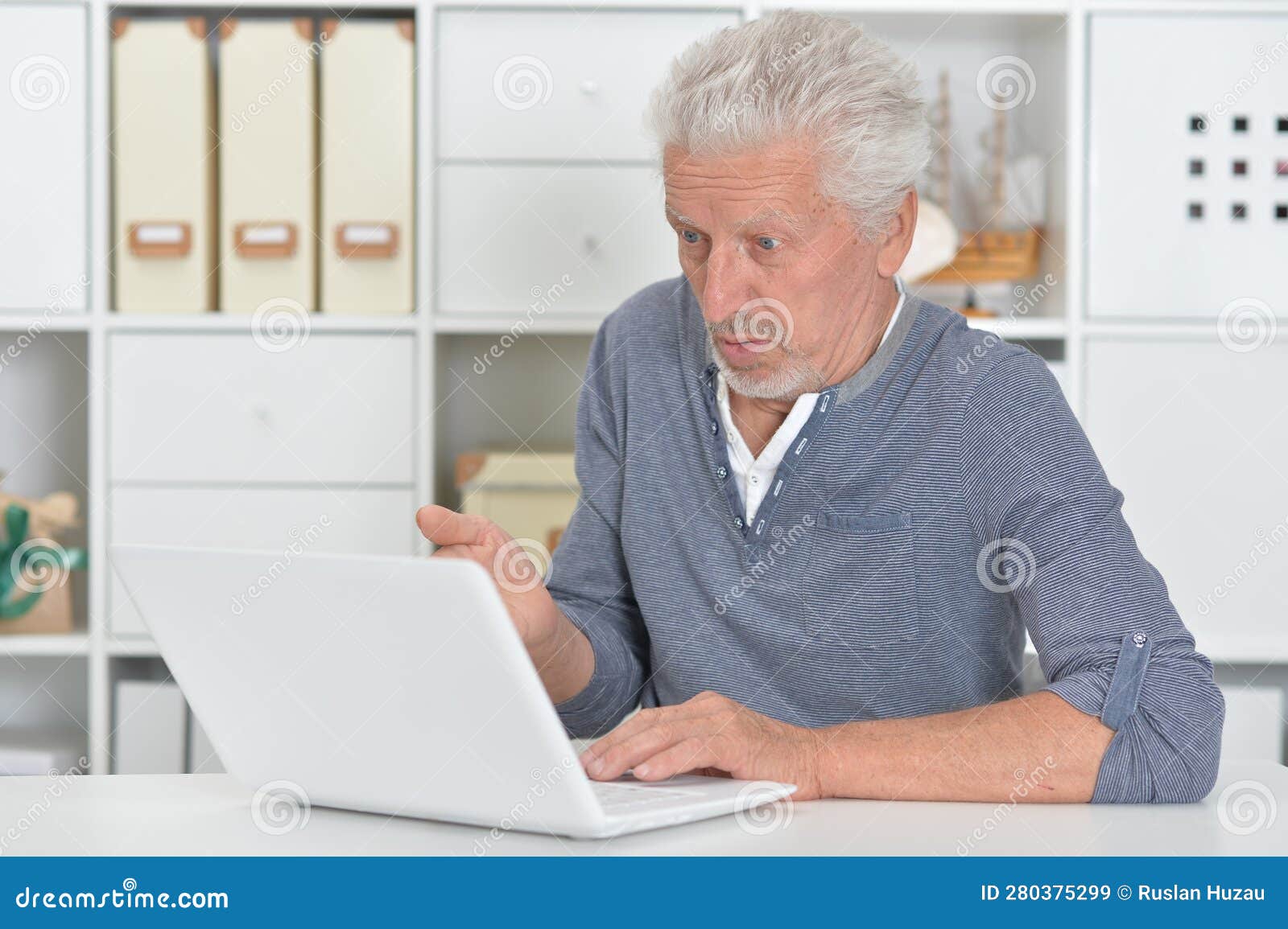 Thoughtful Old Man with Laptop at Home Stock Image - Image of color ...