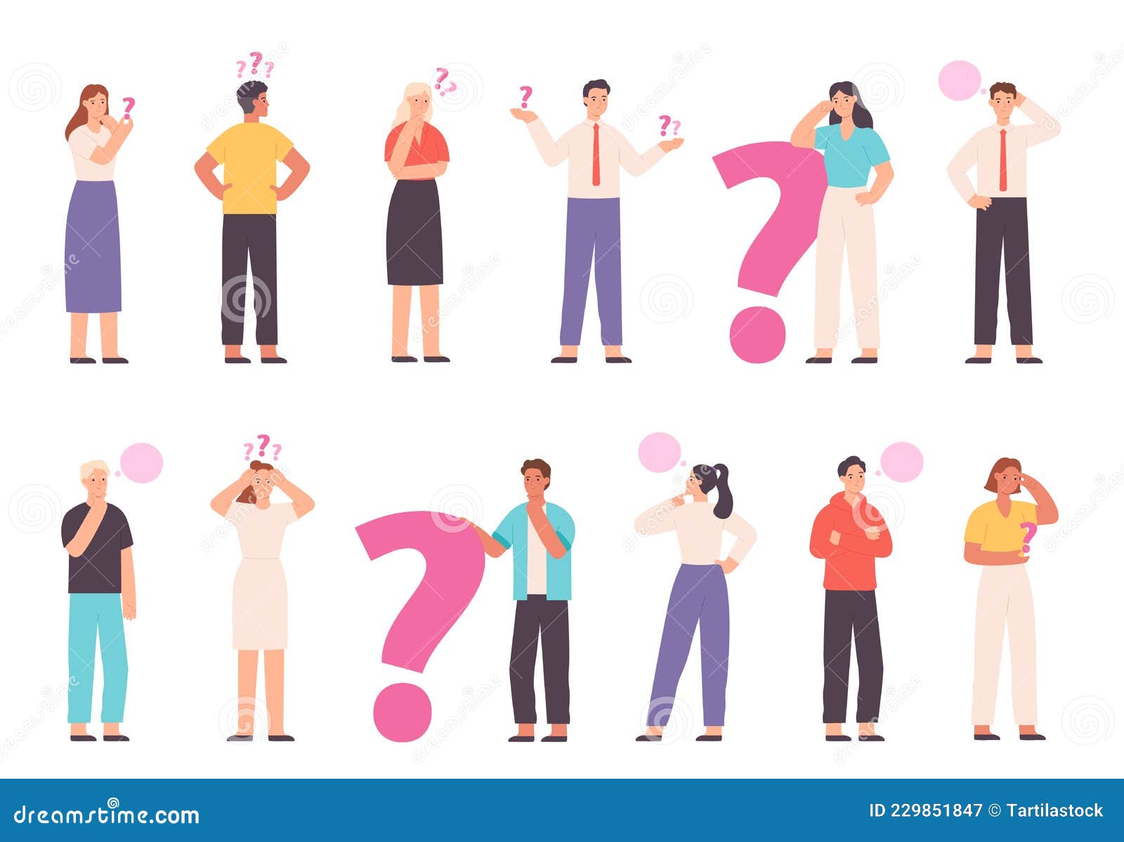 Thoughtful People Characters With Hands On Chin And Question Mark ...