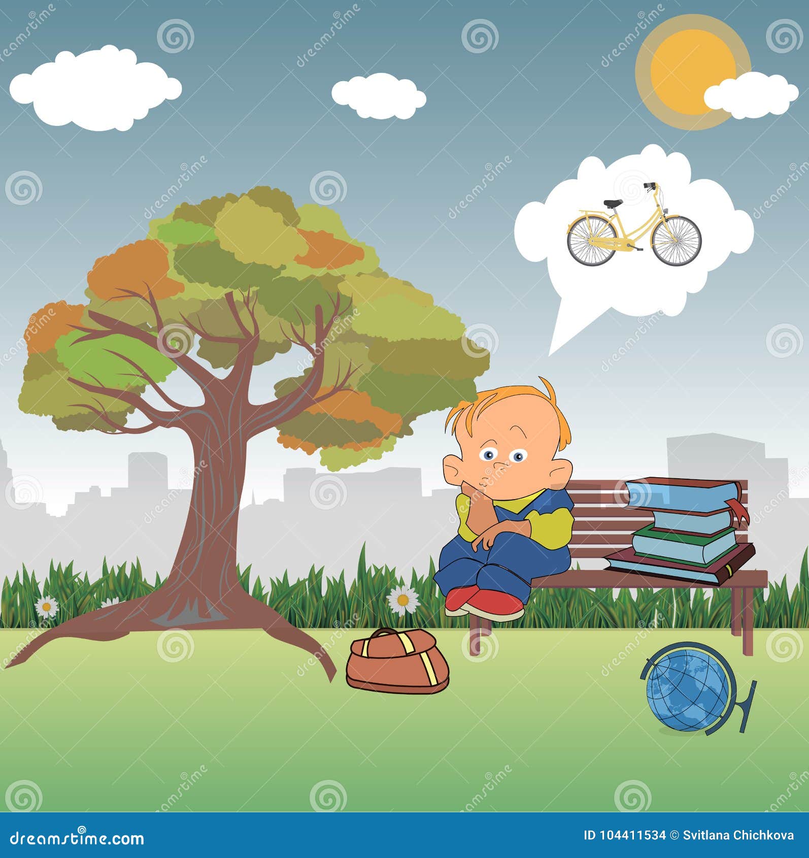 A Thoughtful Schoolboy Sits on a Park Bench. Stock Vector ... A Thoughtful Schoolboy Sits on a Park Bench. Stock Vector ...