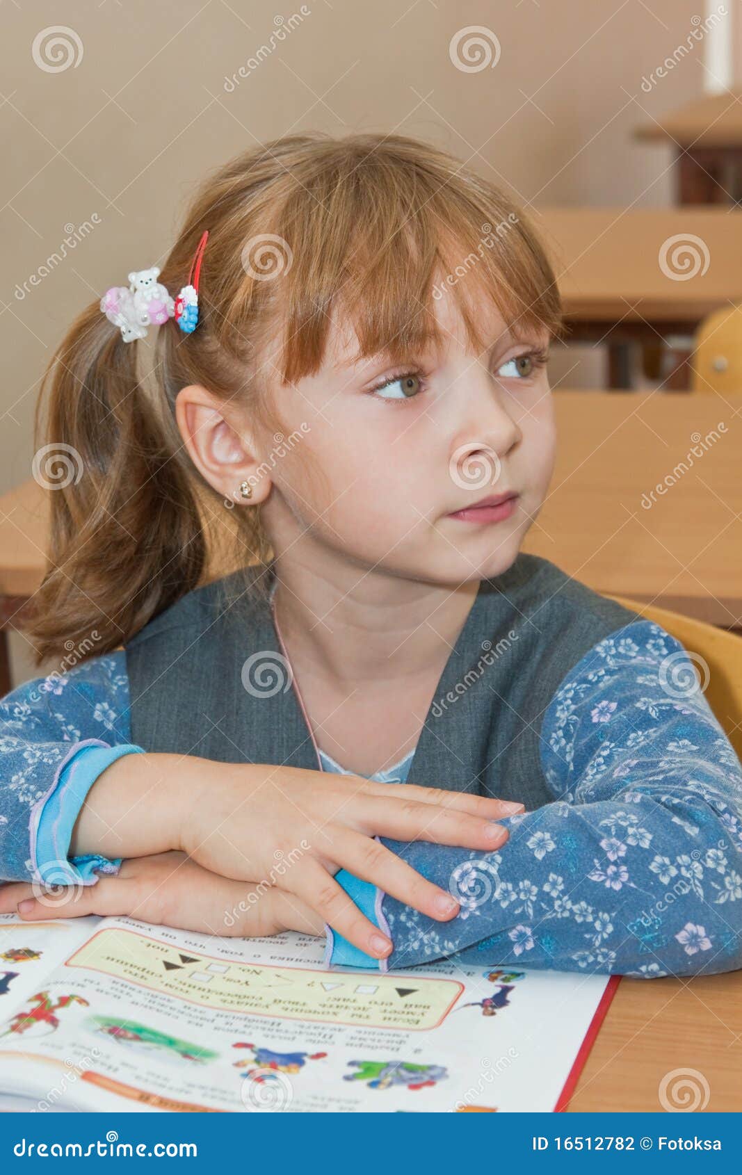 Thoughtful Schoolgirl. Girl Little Schoolgirl. Pupil With Braids Going ...