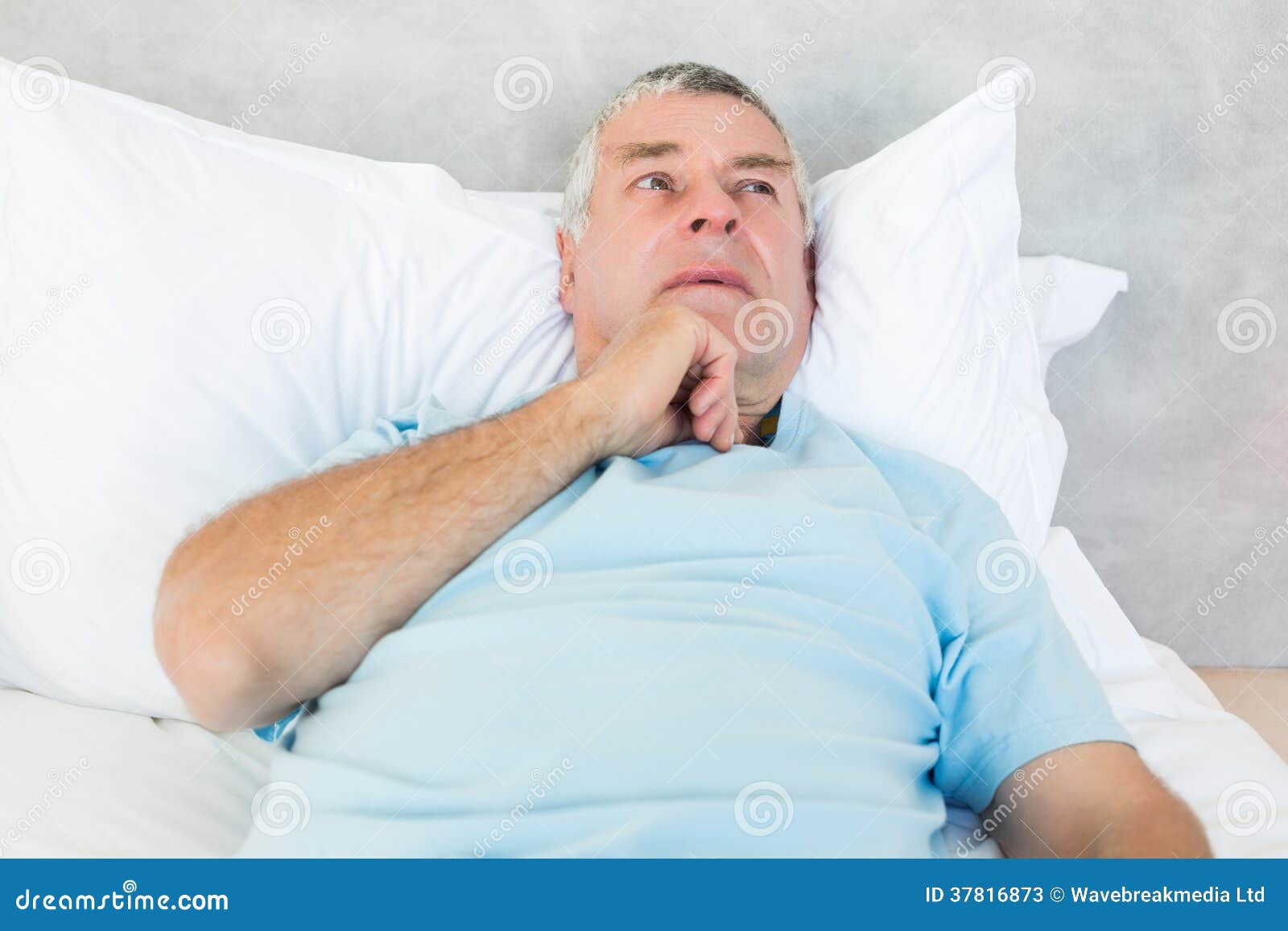 Thoughtful Senior Man Lying in Bed Stock Image - Image of dreaming ...