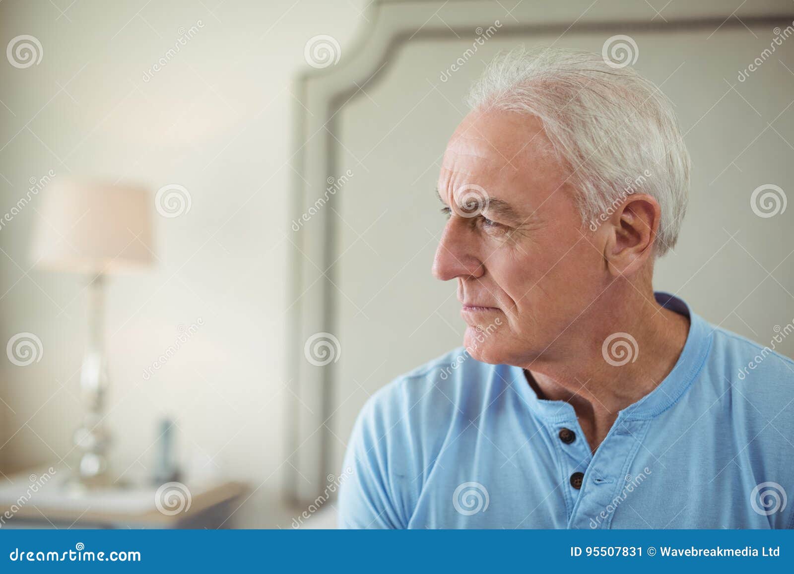 Thoughtful Senior Man Sitting in Bed Room Stock Image - Image of ...