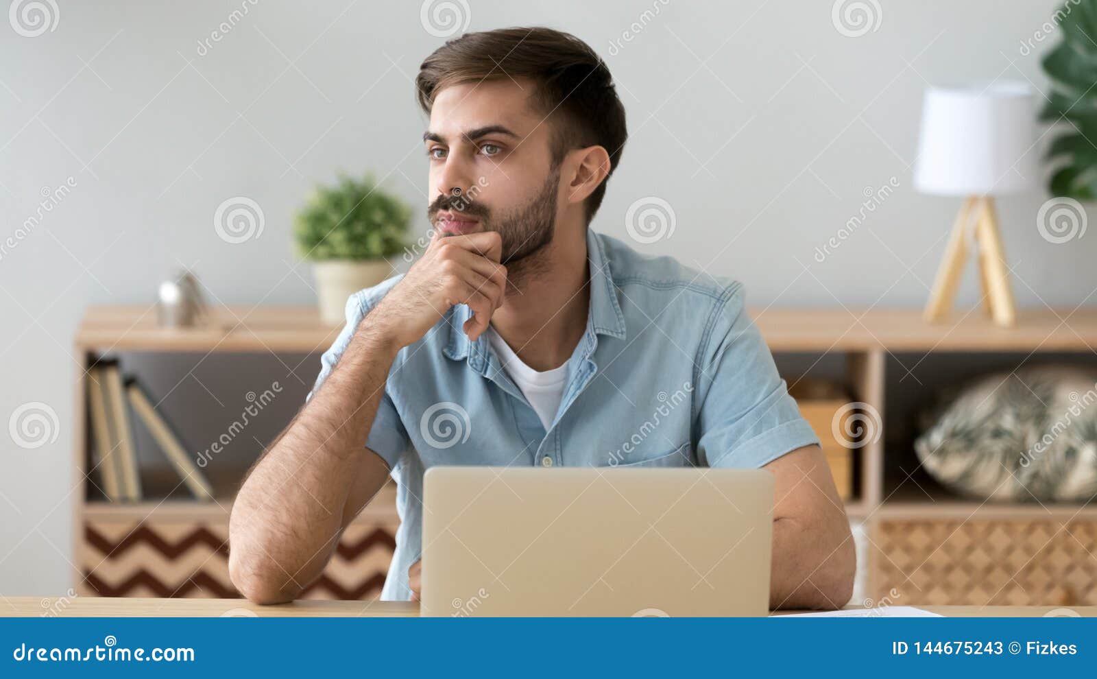 Thoughtful Serious Student or Office Worker Thinking about Online ...