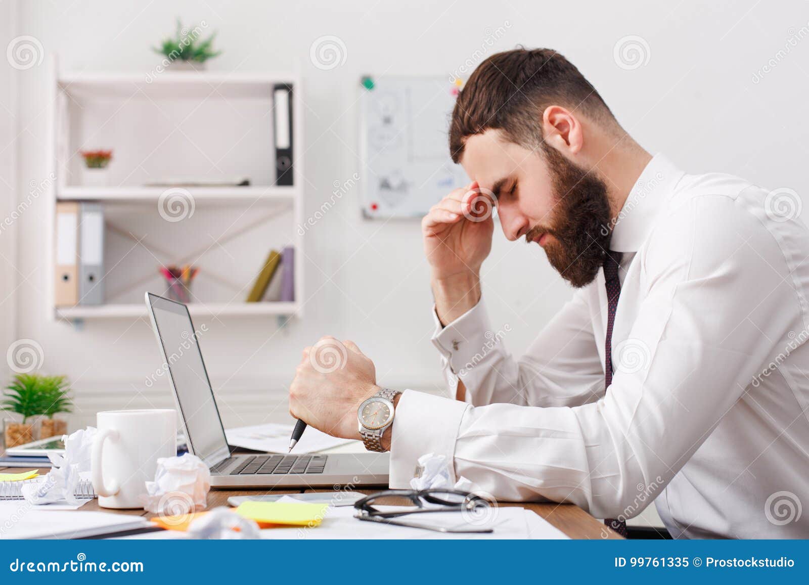 Tired Businessman at Desk with Laptop Searching Way Out from Difficult ...