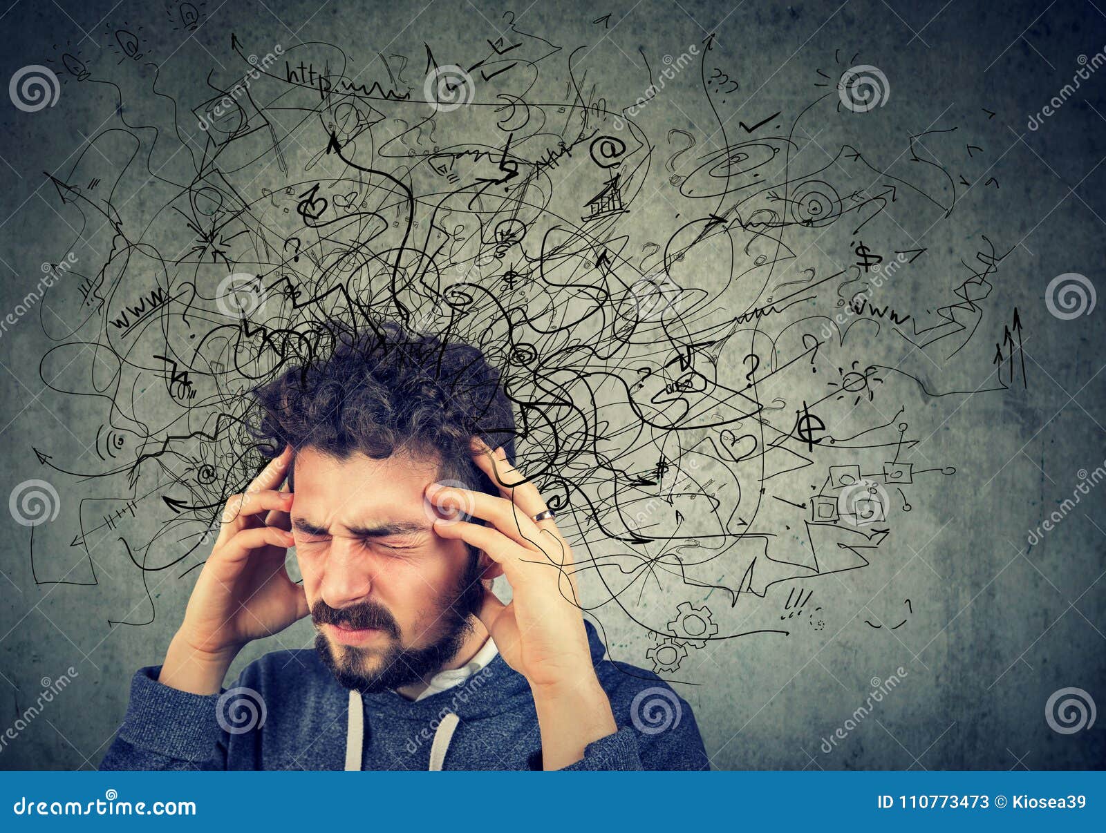 Thoughtful Stressed Man with a Mess in His Head Stock Image - Image of ...