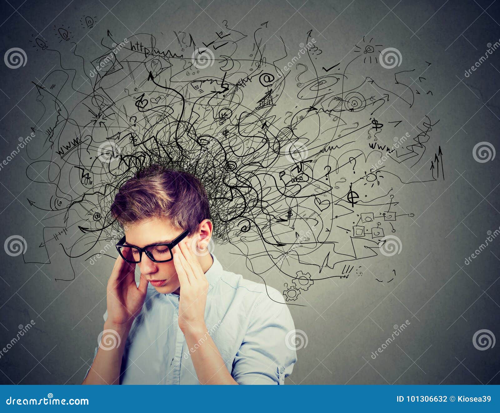 Thoughtful Stressed Young Man with a Mess in His Head Stock Photo ...