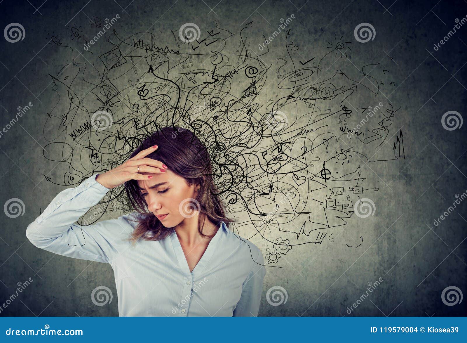 Thoughtful Stressed Woman with a Mess in Her Head Stock Photo - Image ...