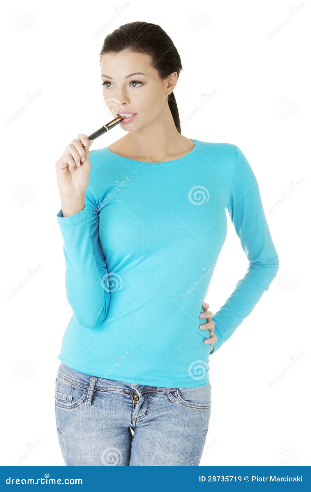 Thoughtful Student Girl with Pen Stock Image - Image of adult ...
