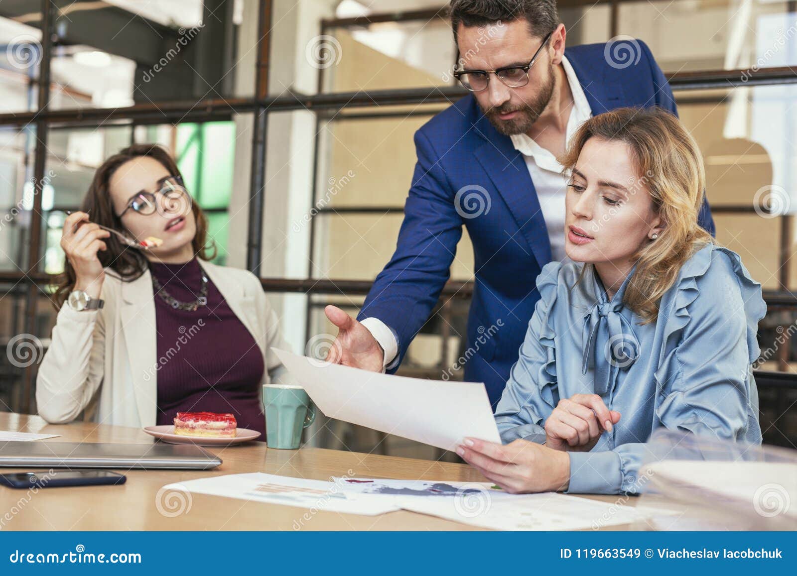 Thoughtful Three Colleagues Having Talk Stock Image - Image of ...