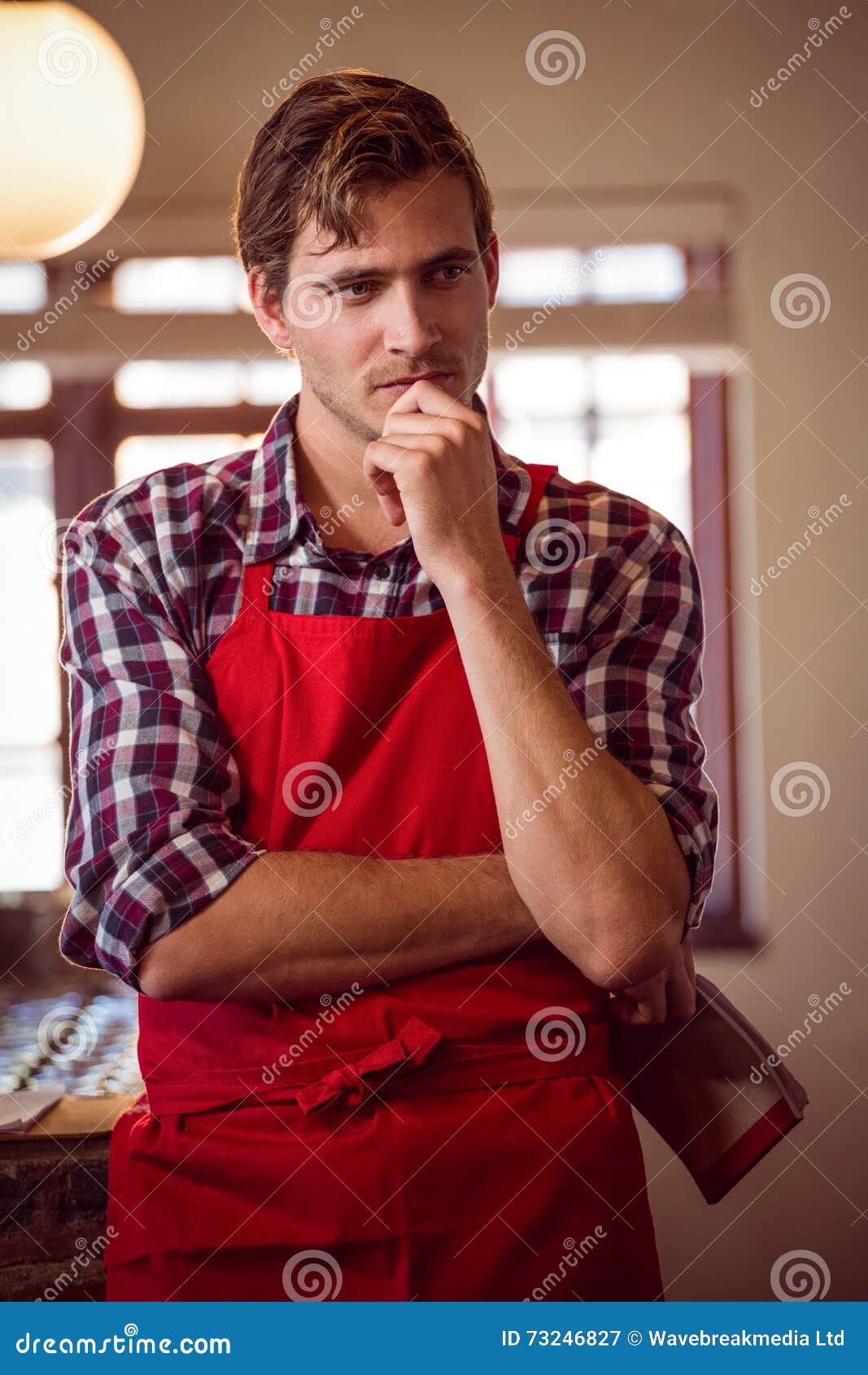 Thoughtful Waiter Standing at Counter Stock Image - Image of profession ...