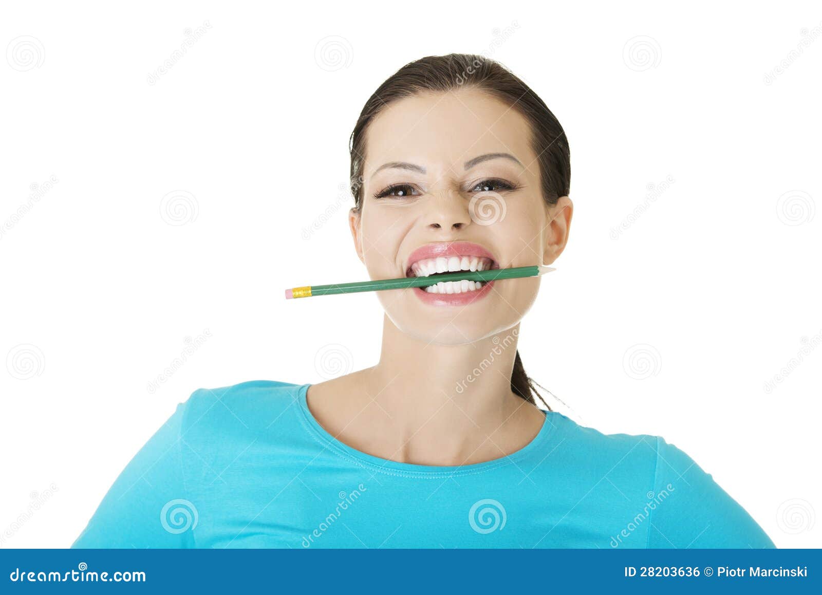 Thoughtful Woman Biting Pencil Stock Photo - Image of office, model ...