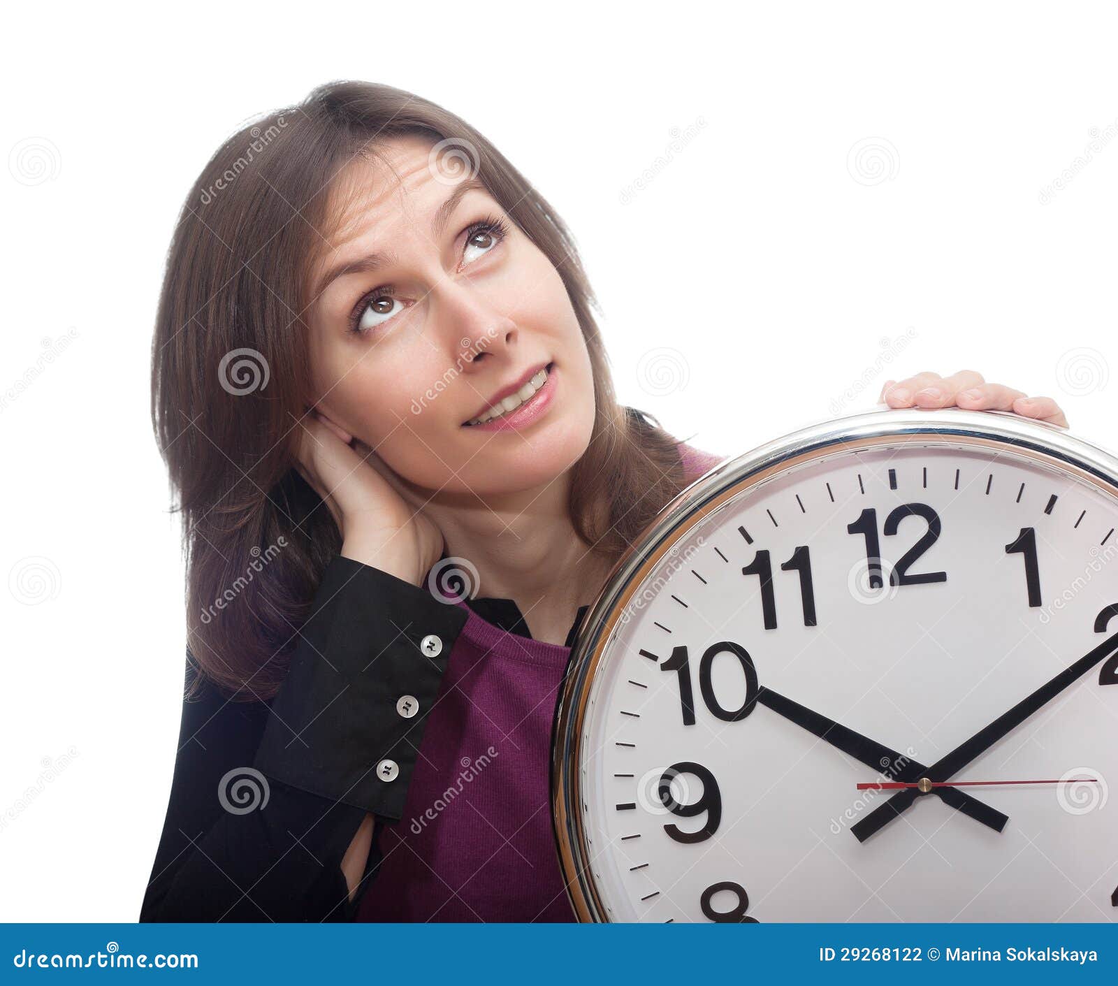 Thoughtful Woman Clock Time Isolated White Stock Photo - Image of ...