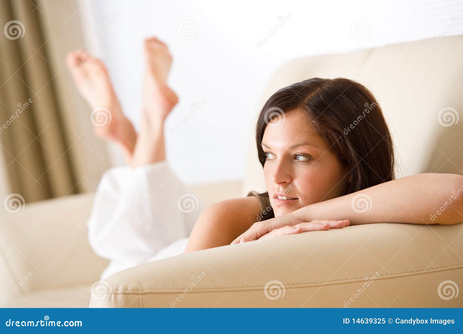 Thoughtful Woman Relax in Lounge on Sofa Stock Image - Image of sofa ...