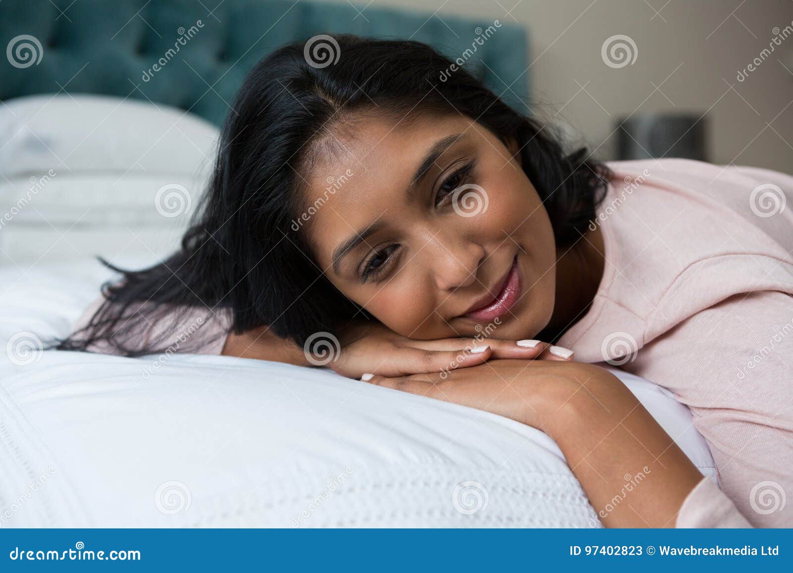 Thoughtful Woman Resting on Bed Stock Image - Image of contemplation ...