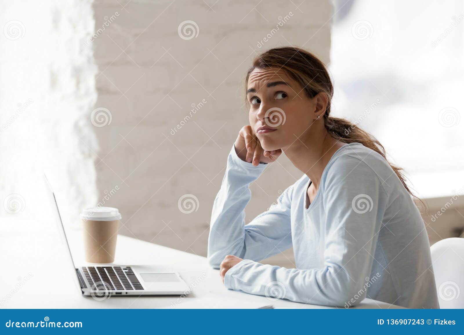 Thoughtful Woman Sitting at Workplace, Thinking about Difficult Stock ...
