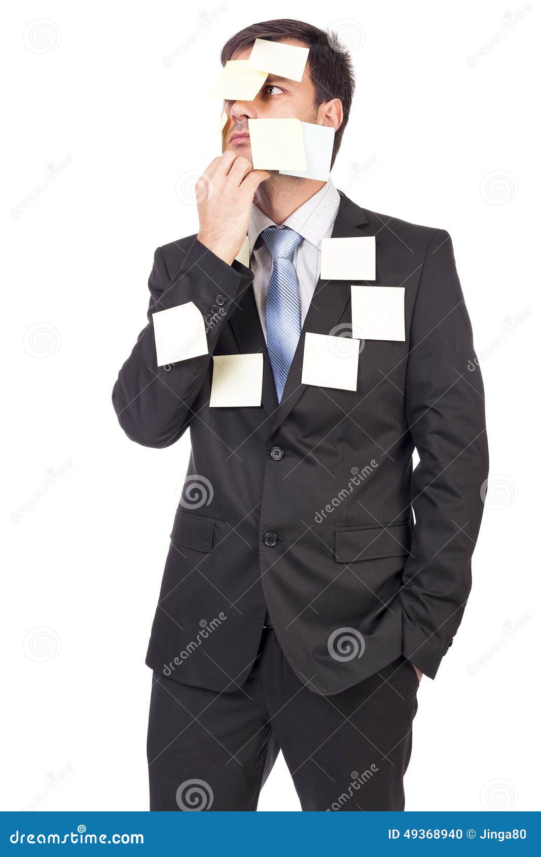 Thoughtful Young Businessman with Post-it Notes on His Face and Stock ...