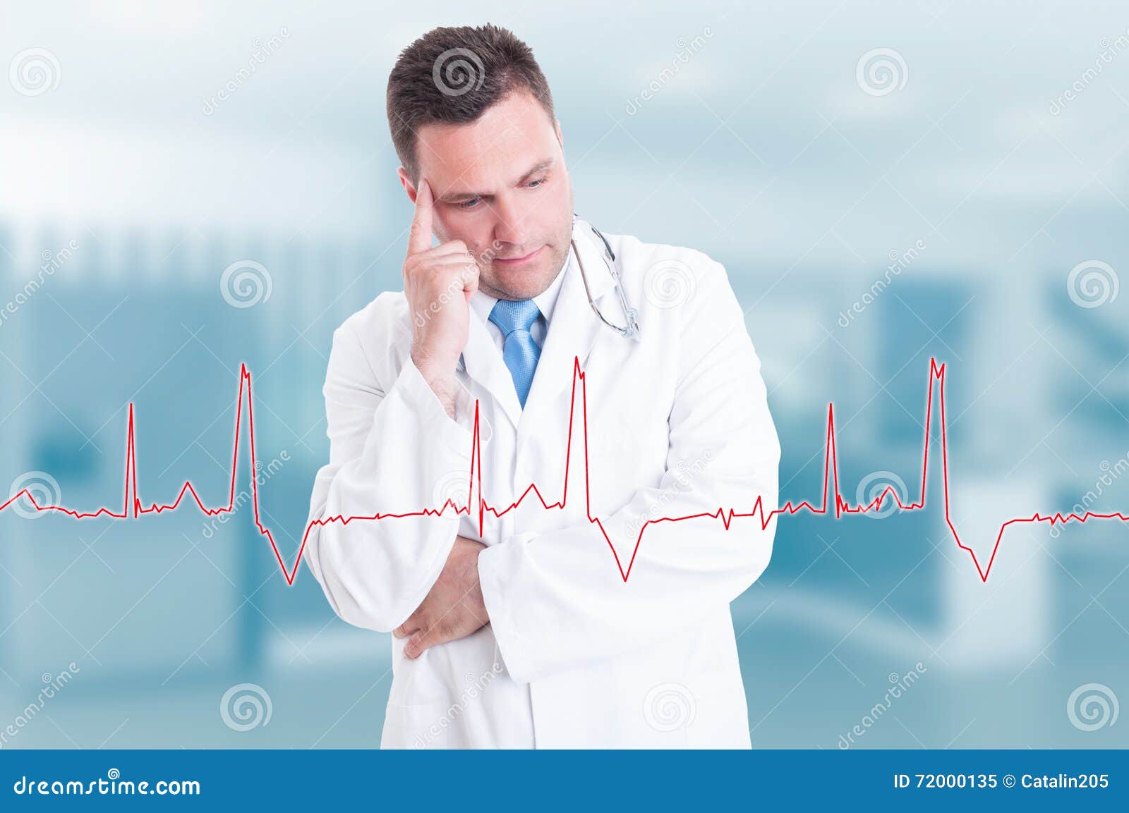 Thoughtful Young Doctor with Heartbeat Graph on Screen Stock Image ...