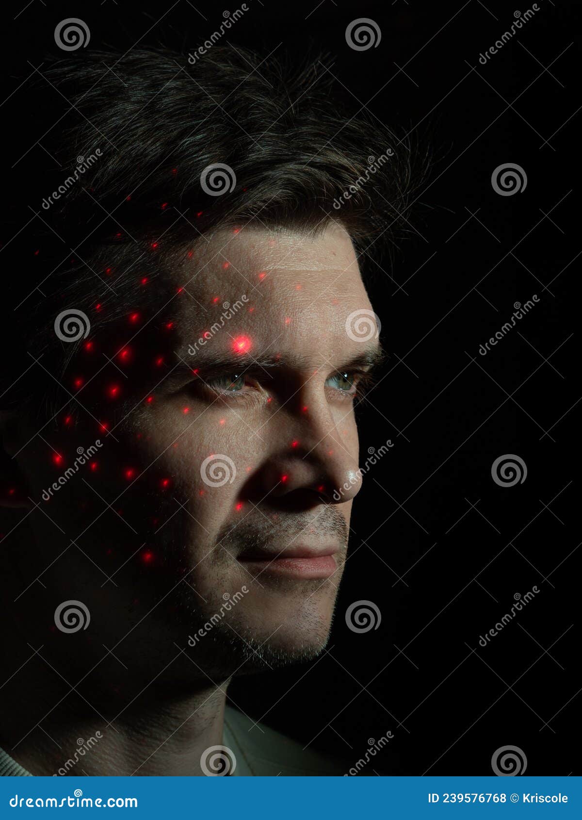 A Thoughtful Young Man Looks To the Right Virtual Interface on His Face ...