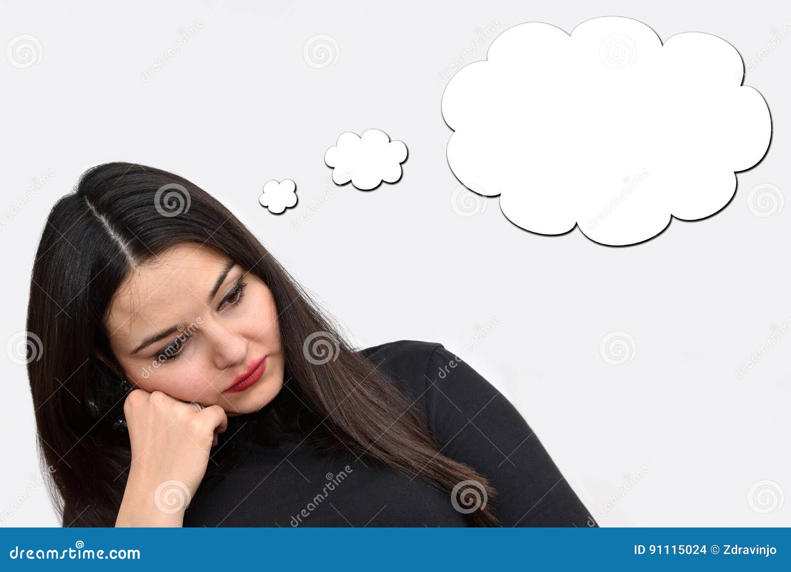 Thoughtful young woman stock photo. Image of brunette - 91115024