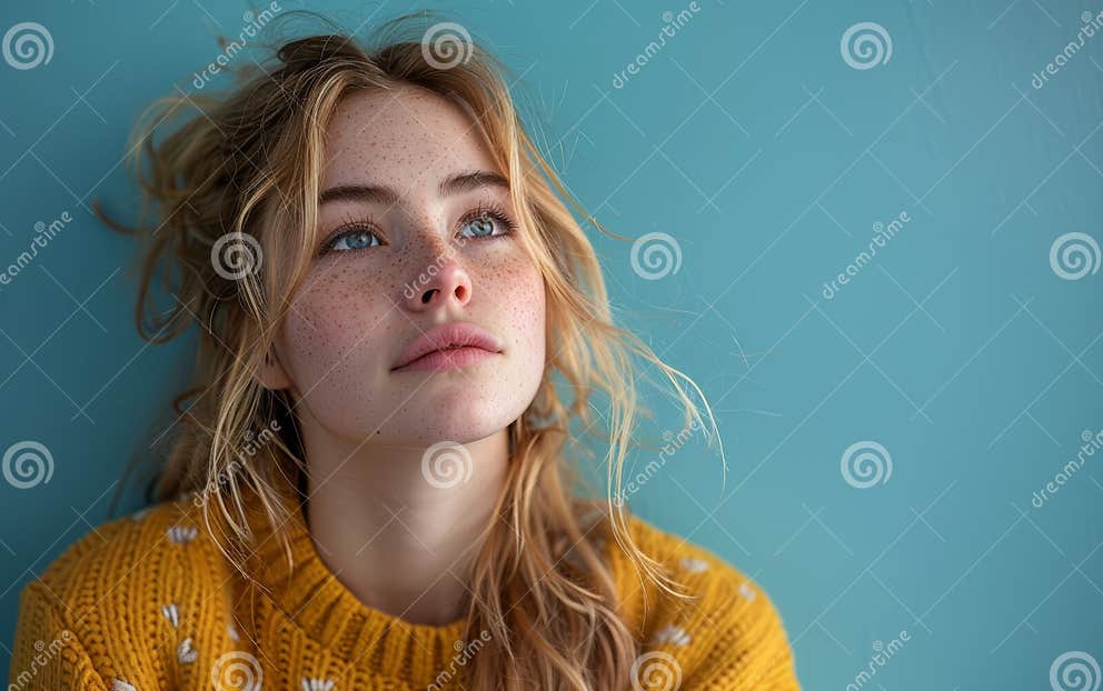Thoughtful Young Woman with Freckles in Yellow Sweater Against Blue ... Thoughtful Young Woman with Freckles in Yellow Sweater Against Blue ...