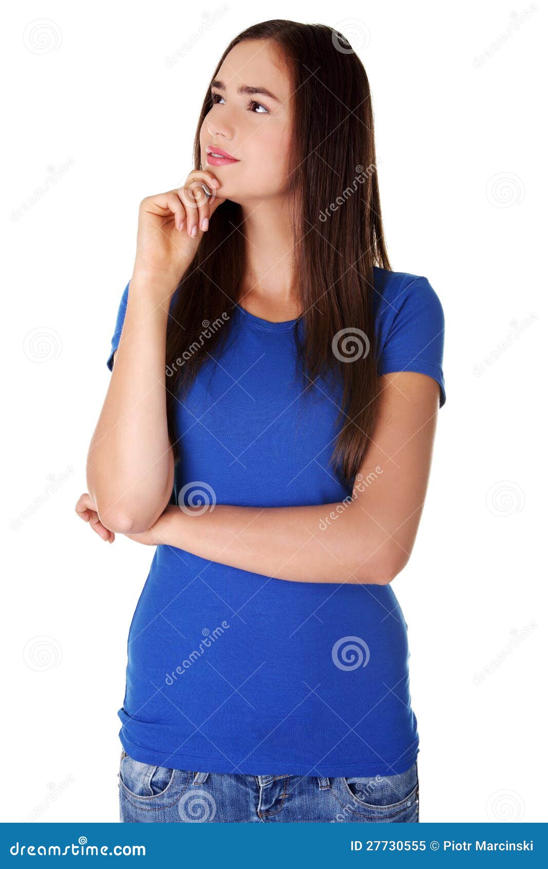 Thoughtful Young Woman Looking Up Stock Image - Image of isolated, cute ...