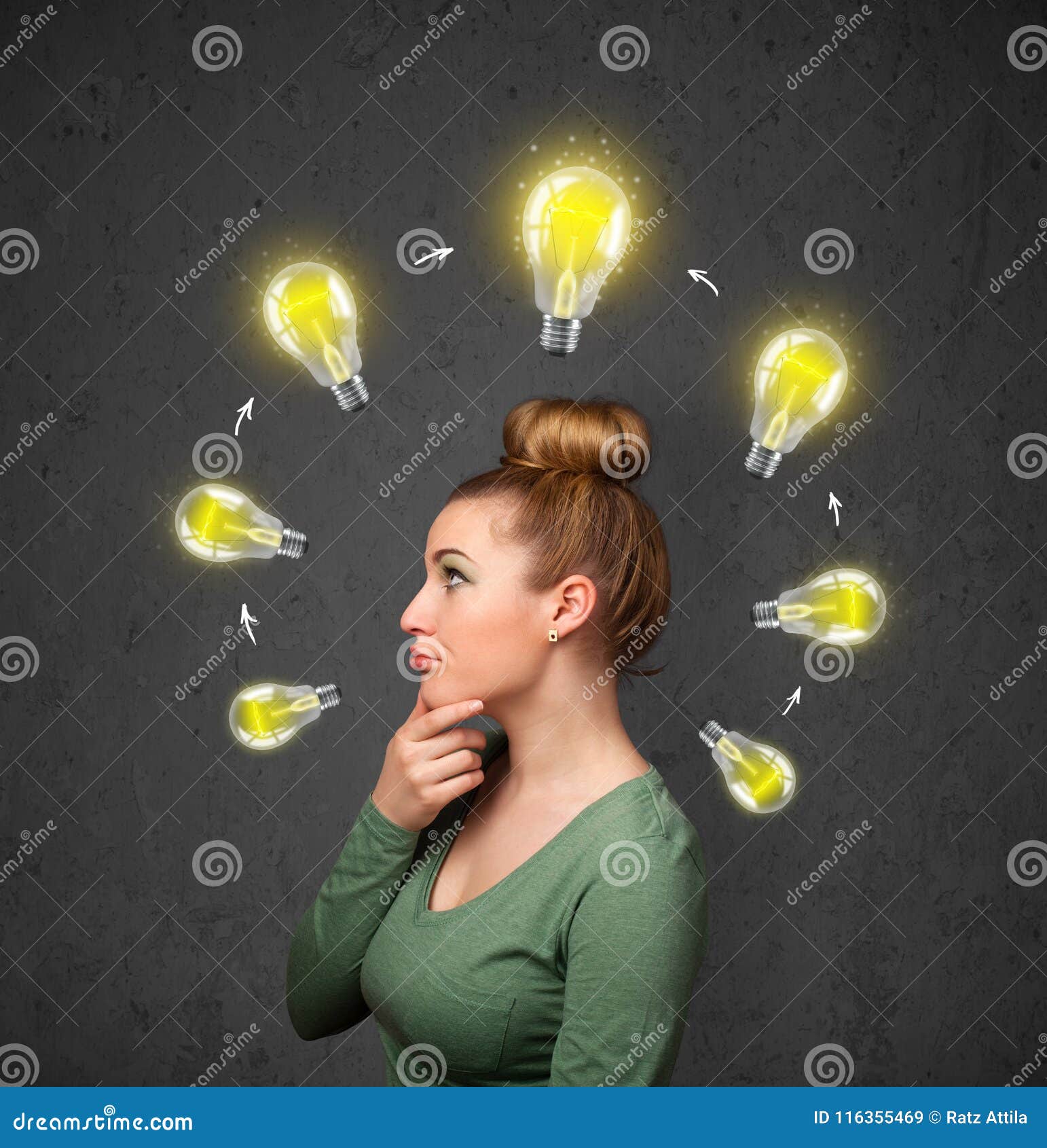 Young Woman Thinking with Lightbulb Circulation Around Her Head Stock ...