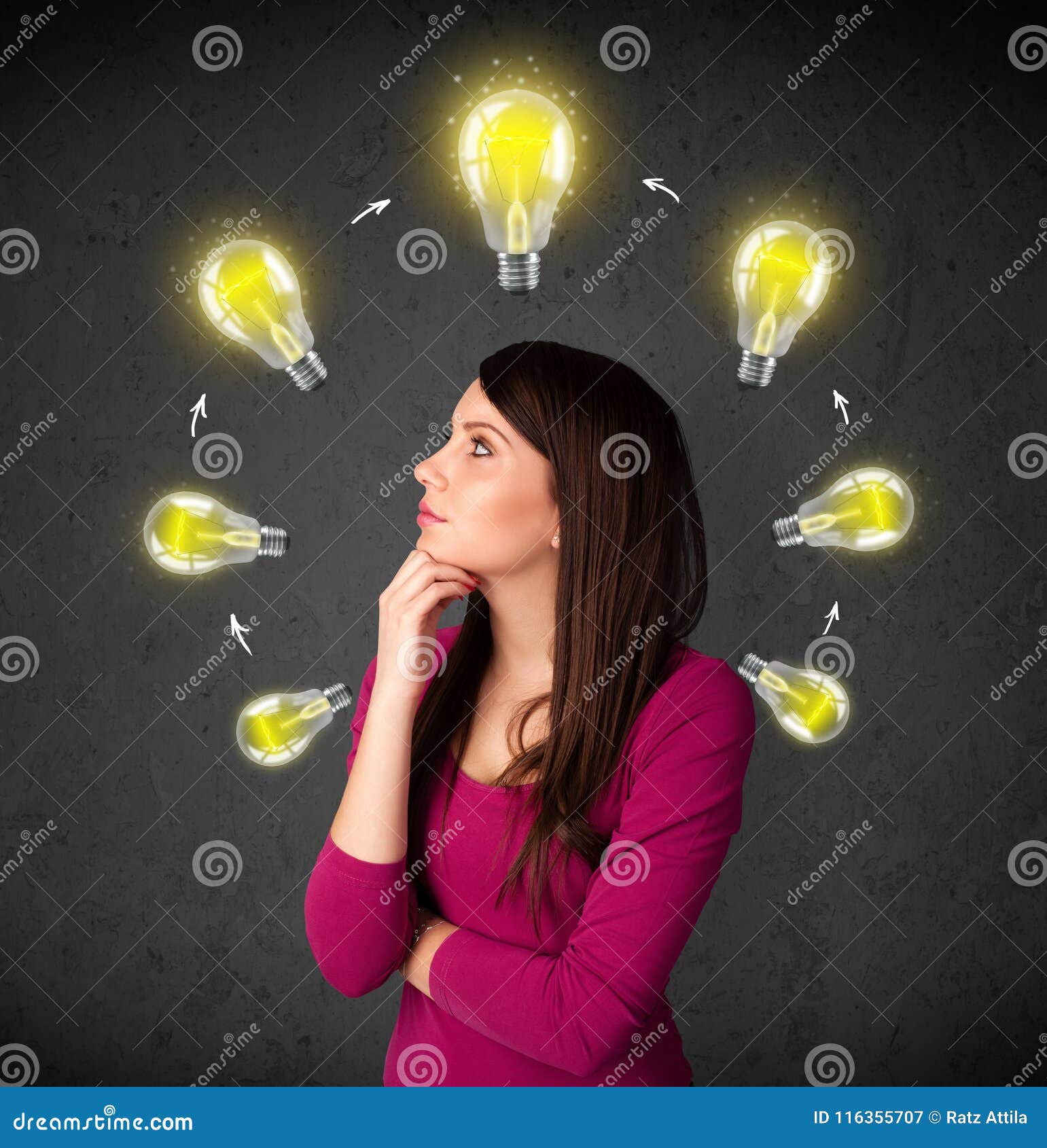Young Woman Thinking with Lightbulb Circulation Around Her Head Stock ...