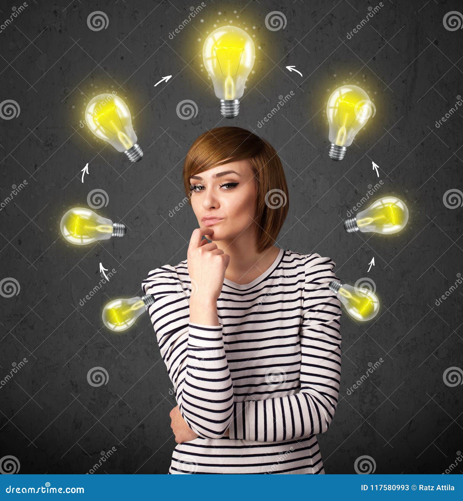 Young Woman Thinking with Lightbulb Circulation Around Her Head Stock ...