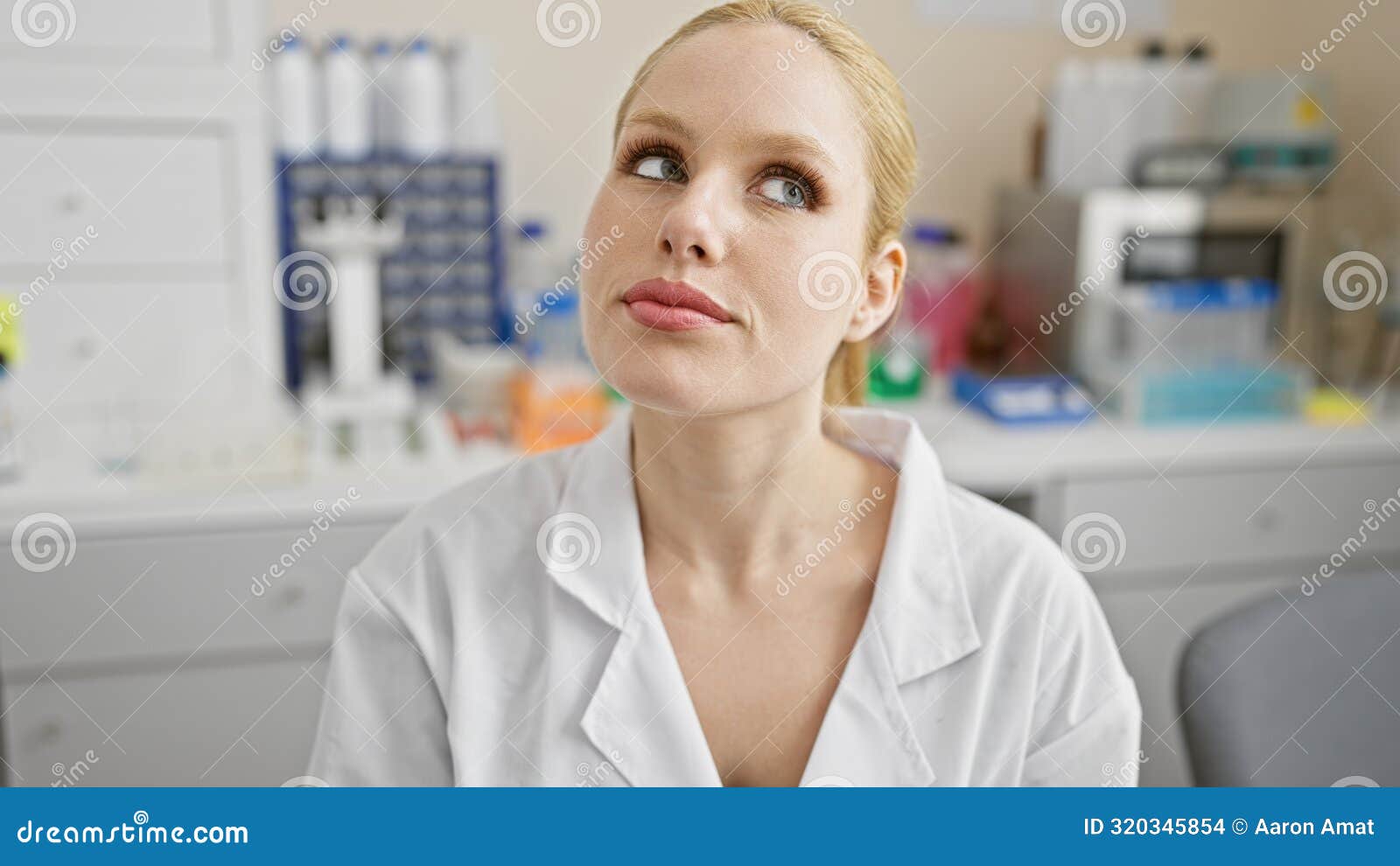 A Thoughtful Young Woman in White Lab Coat Standing in an Indoor ...