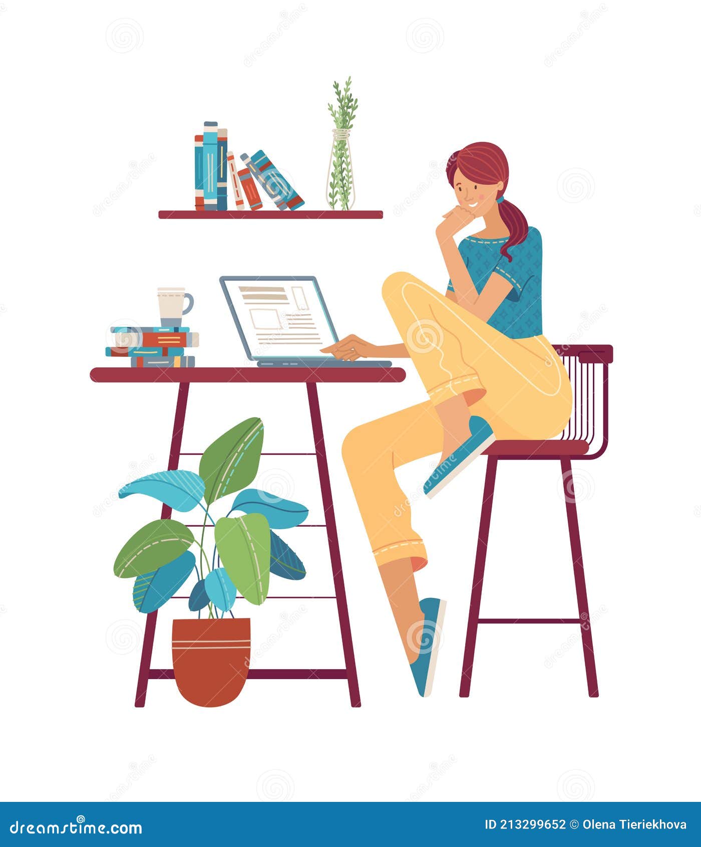 Thoughtful Young Woman Working at Computer Flat Vector Illustration ...