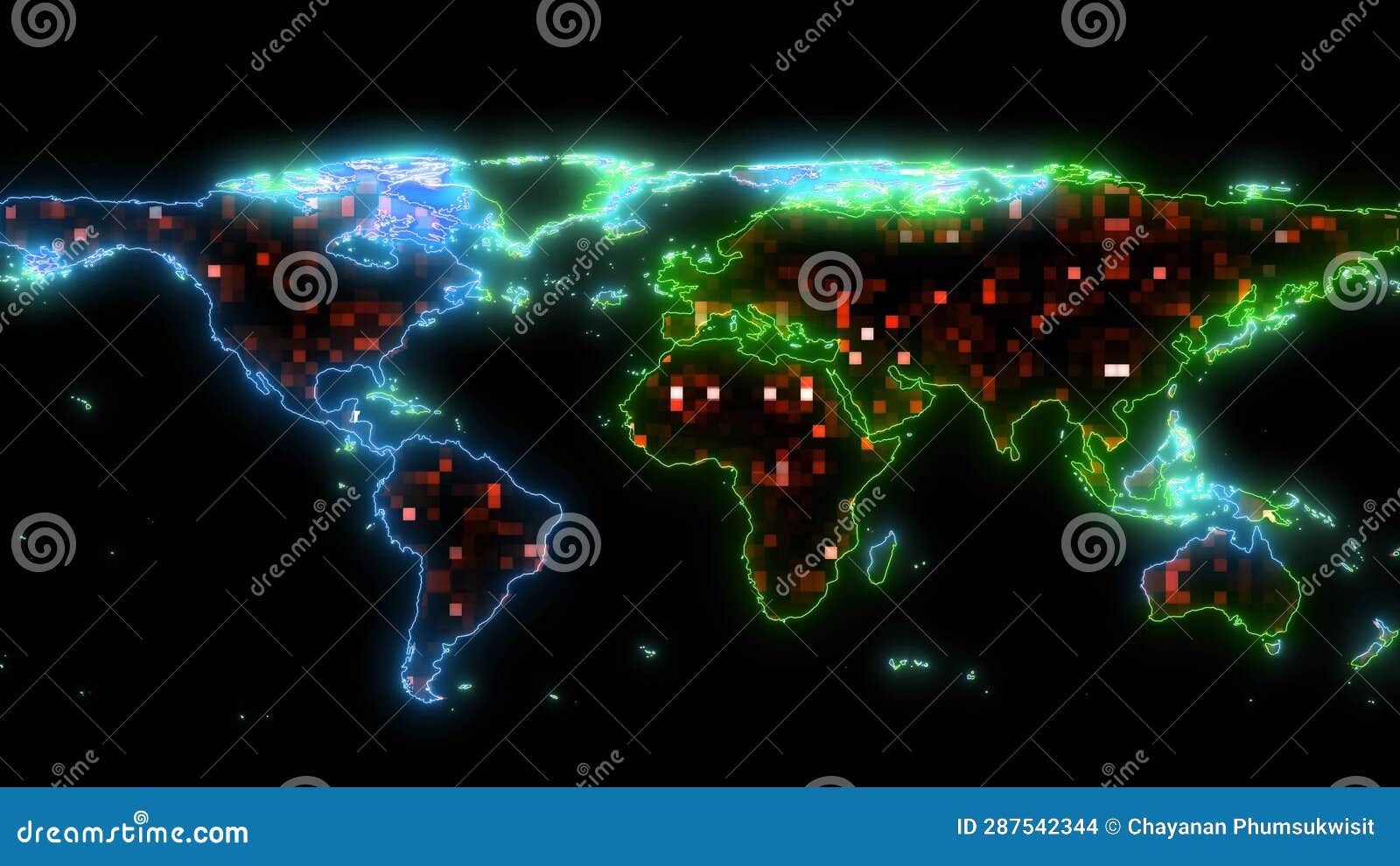 Thousand Digital Green Tiny Light Global Map on Black Screen Stock ...